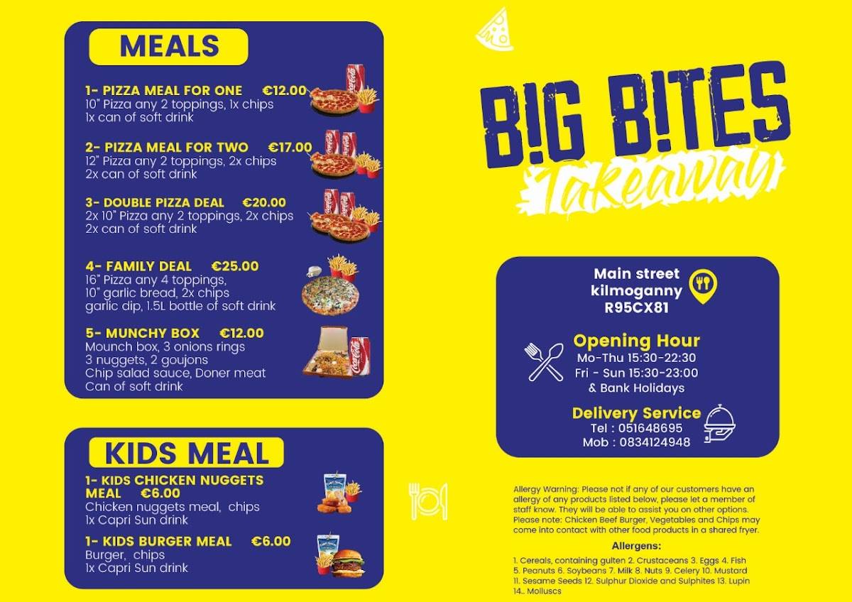 Menu at Big bites pizzeria, Kilmoganny