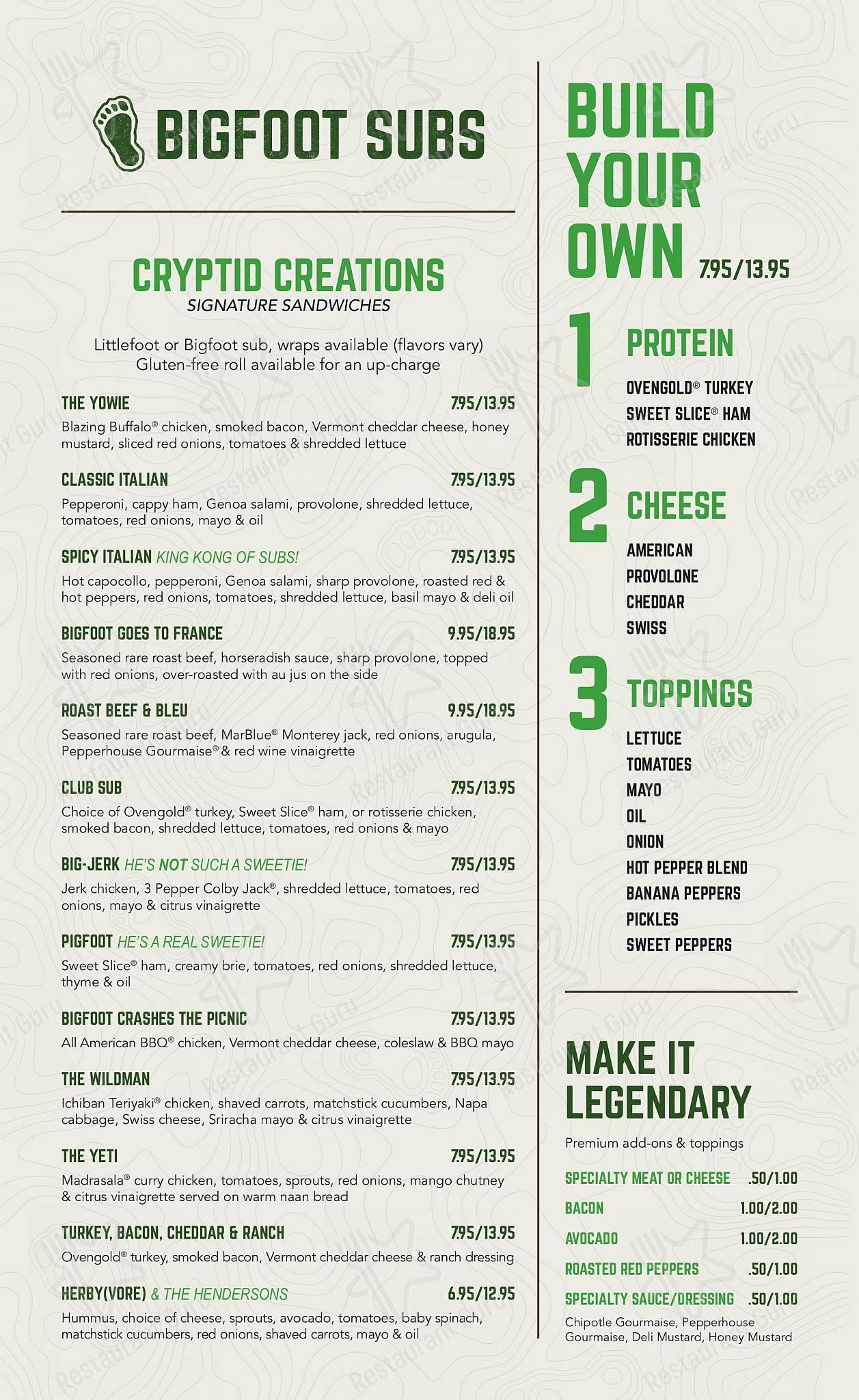 Menu at Bigfoot Subs restaurant, Muncy