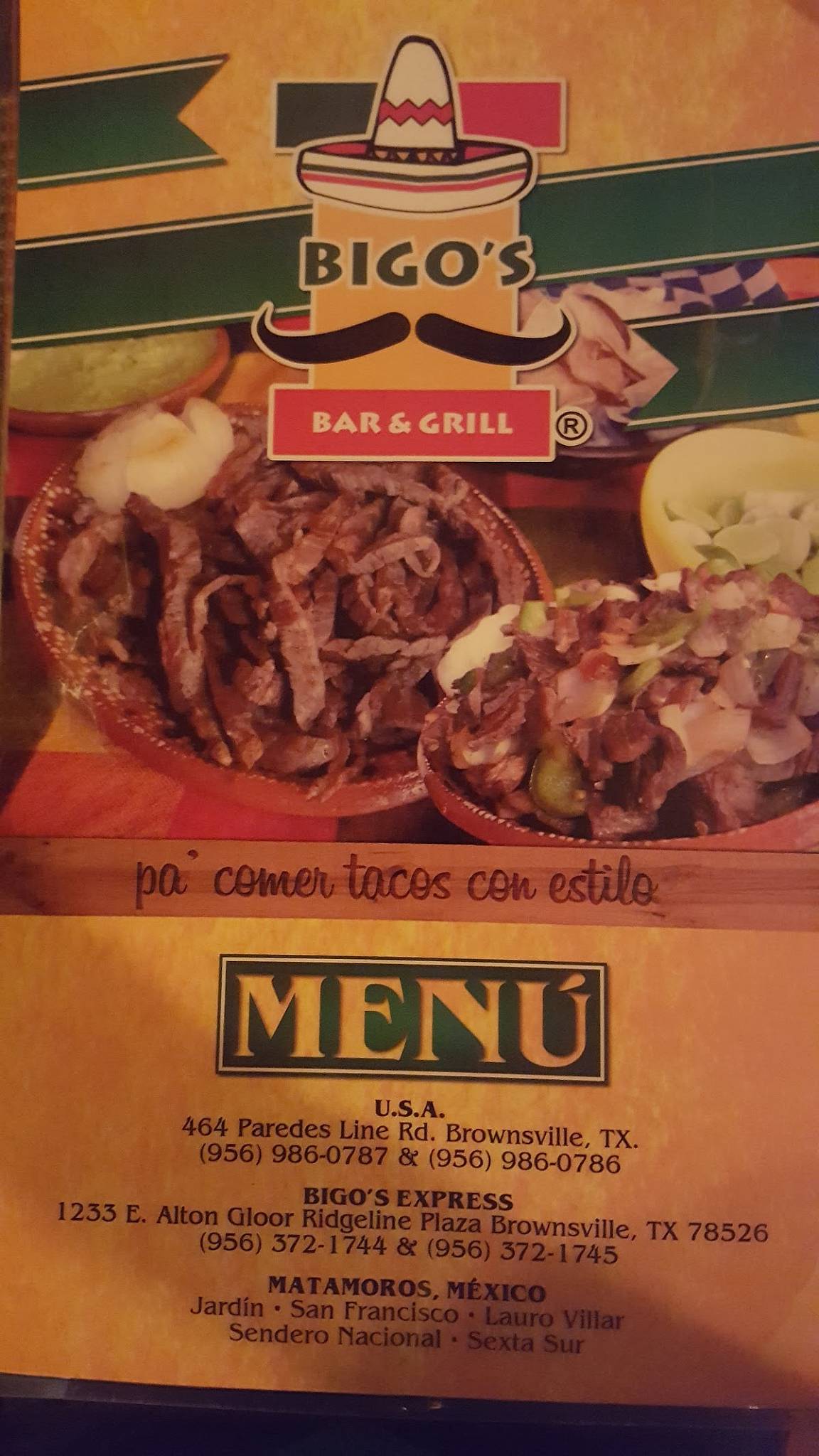 Menu at Bigo's Bar & Grill, Brownsville, 464 Paredes Line Rd