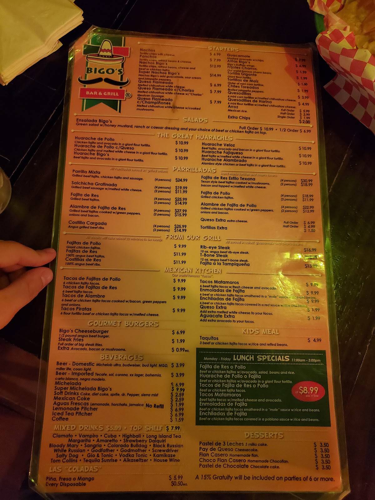 Menu at Bigo's Bar & Grill, Brownsville, 464 Paredes Line Rd