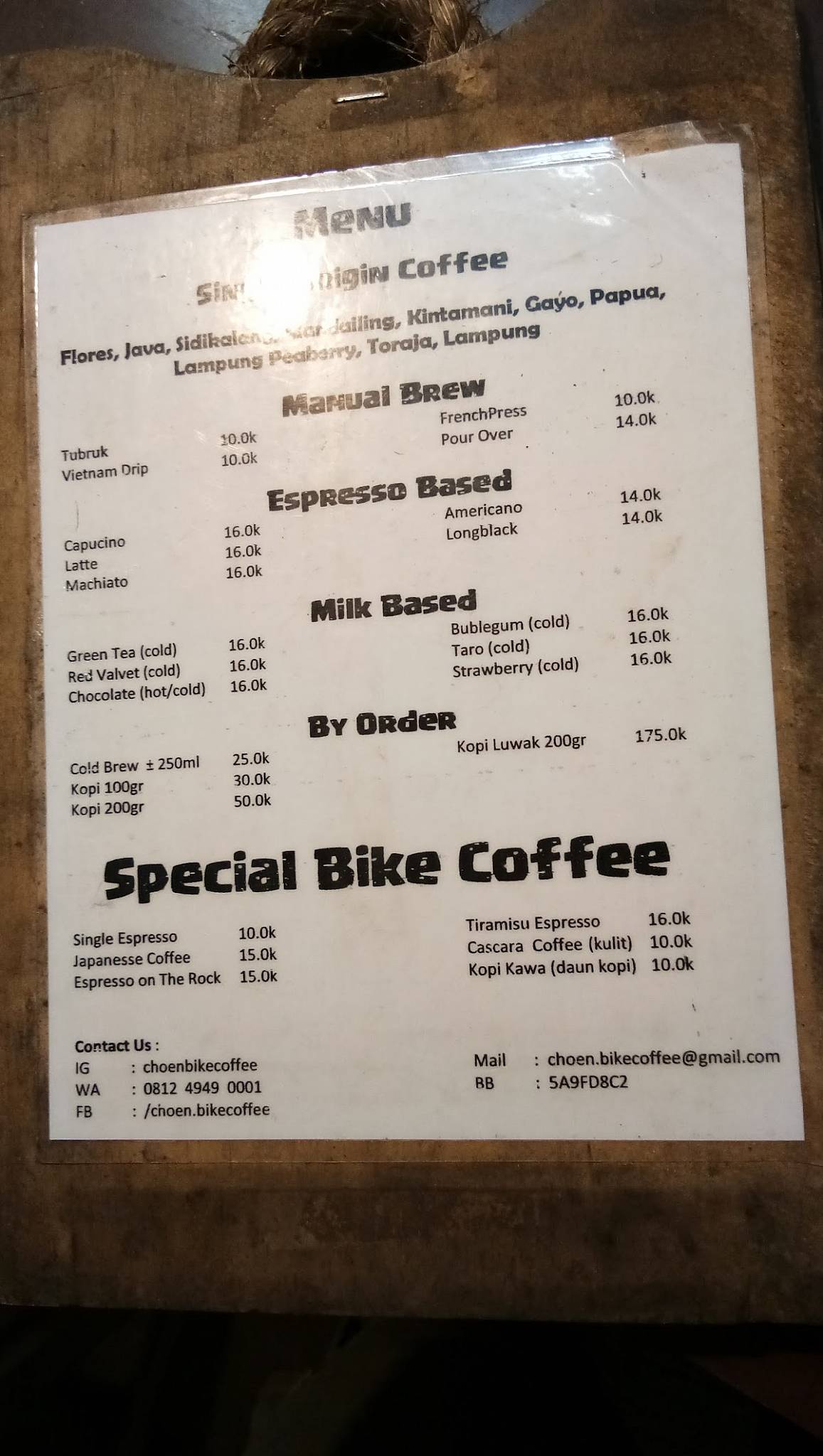 Menu at Bike Coffee, South Tangerang