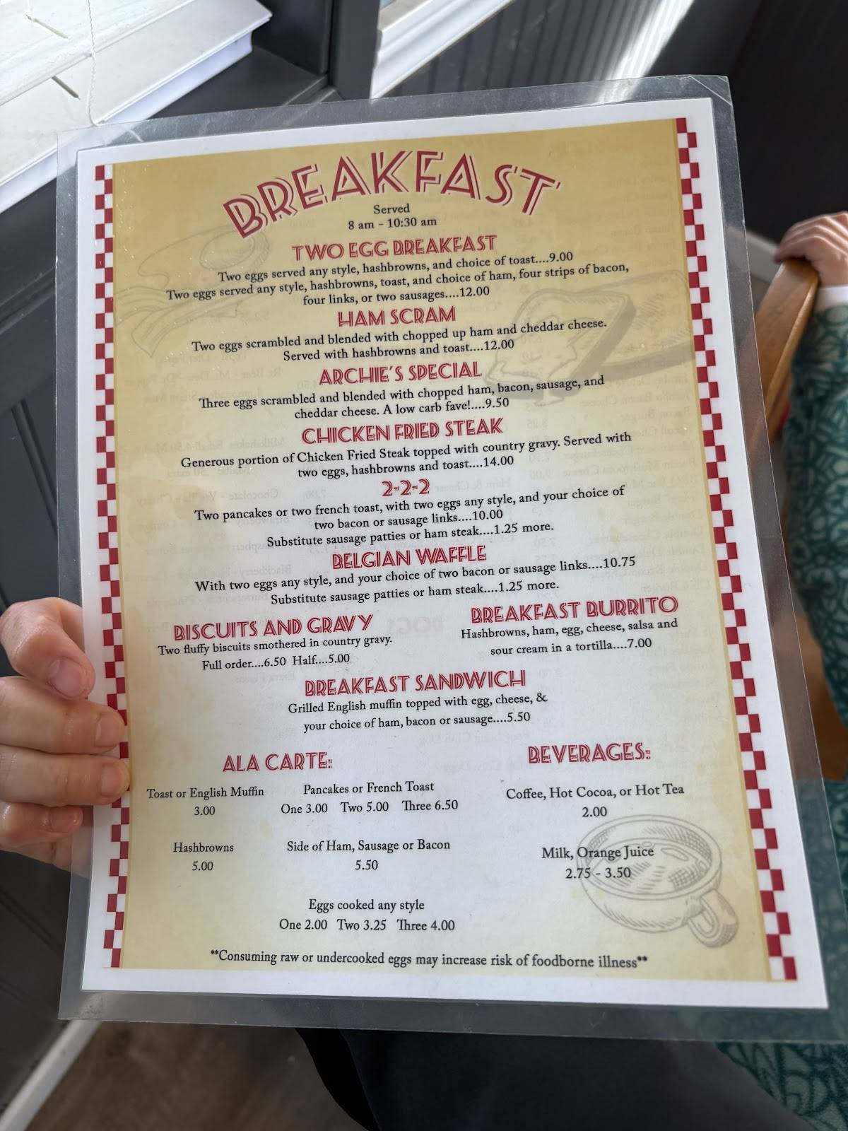 Menu at Bill & Bea's Drive In restaurant, Centralia
