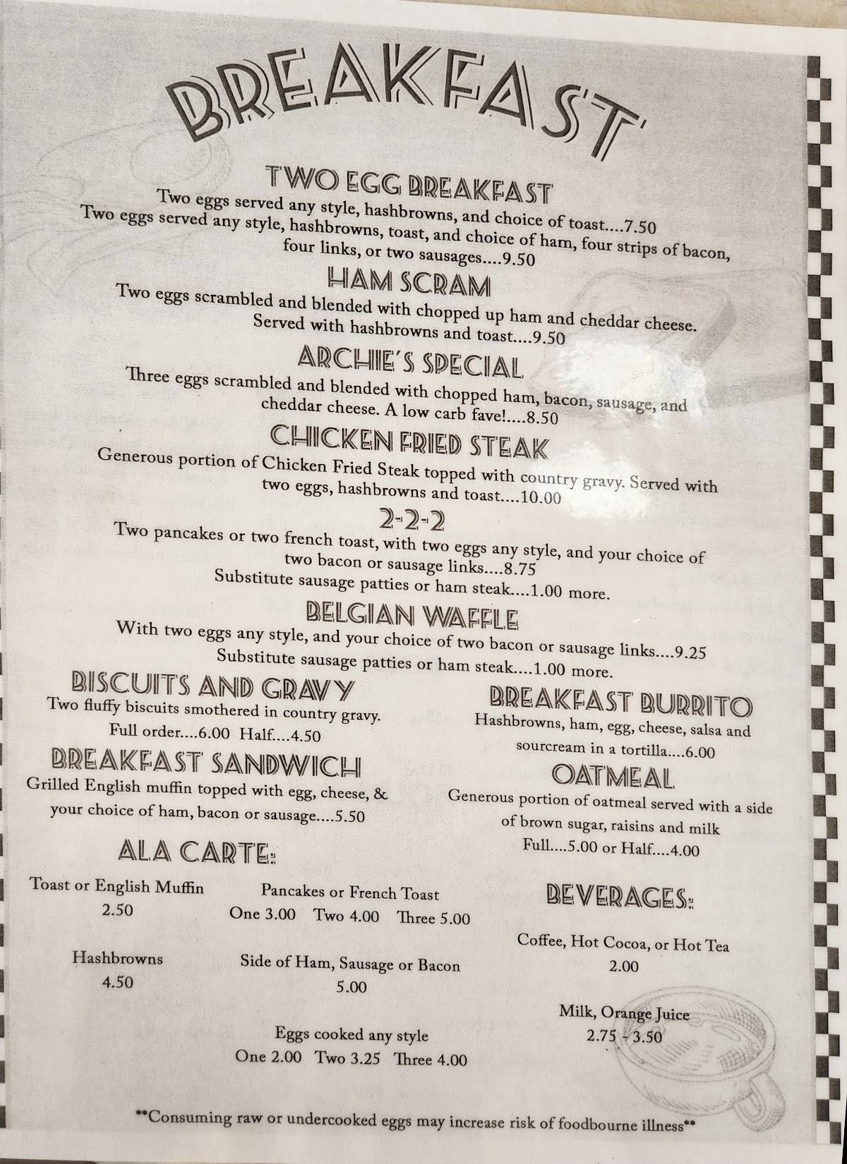 Menu at Bill & Bea's Drive In restaurant, Centralia