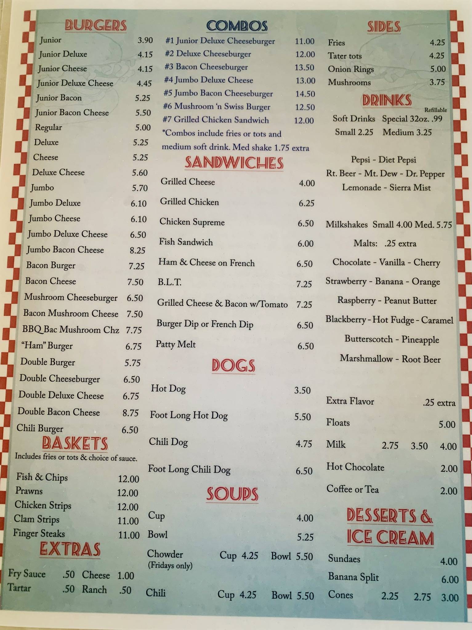 Menu at Bill & Bea's Drive In restaurant, Centralia