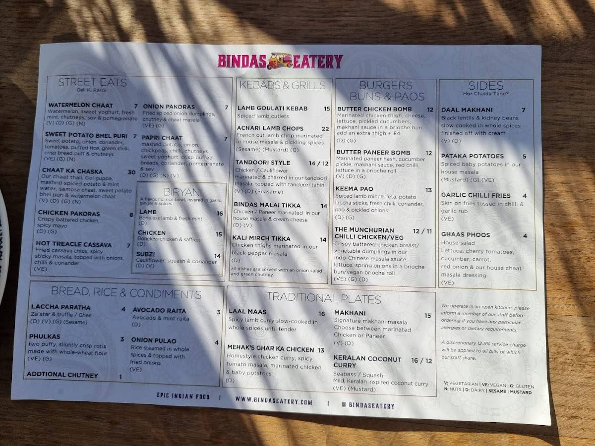 Menu at Bindas Eatery Westfield restaurant, London