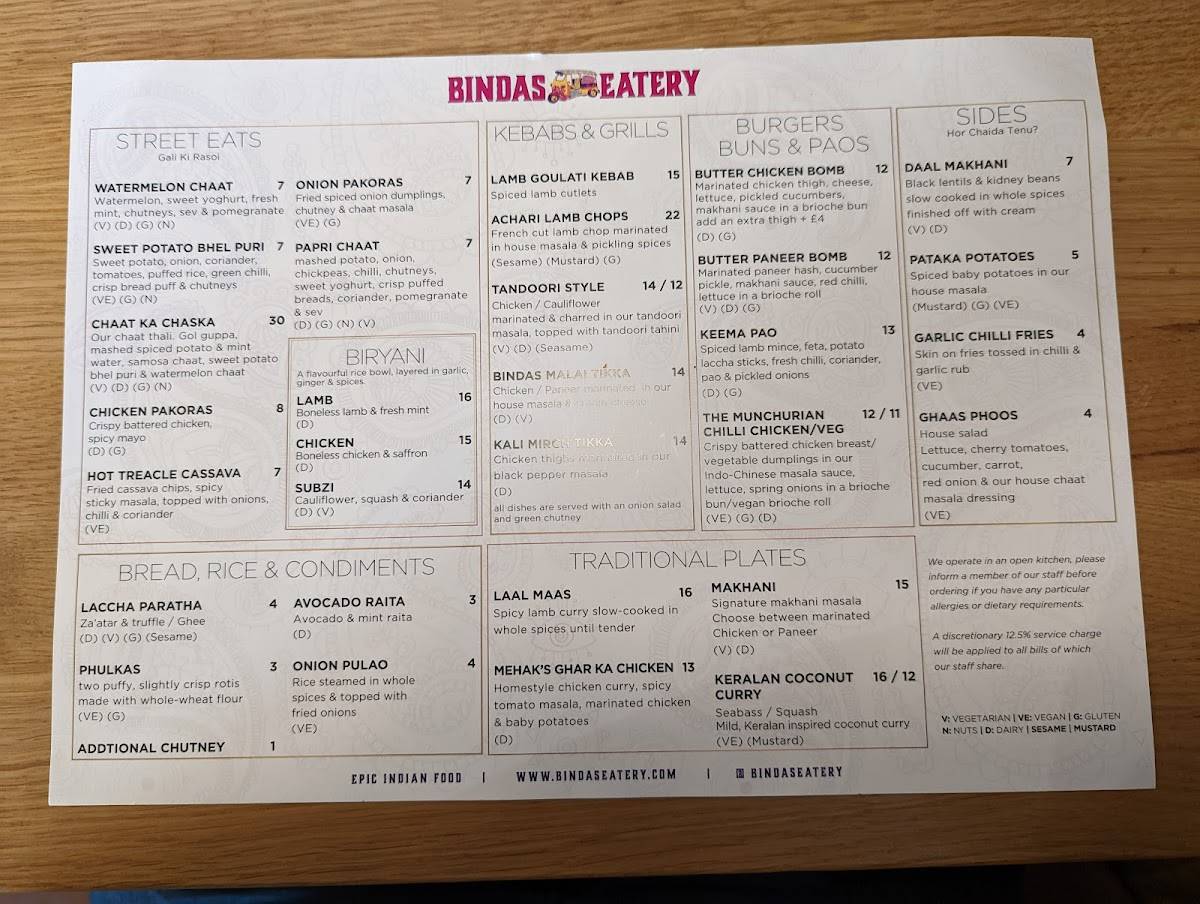 Carta del restaurante Bindas Eatery Westfield, Londres