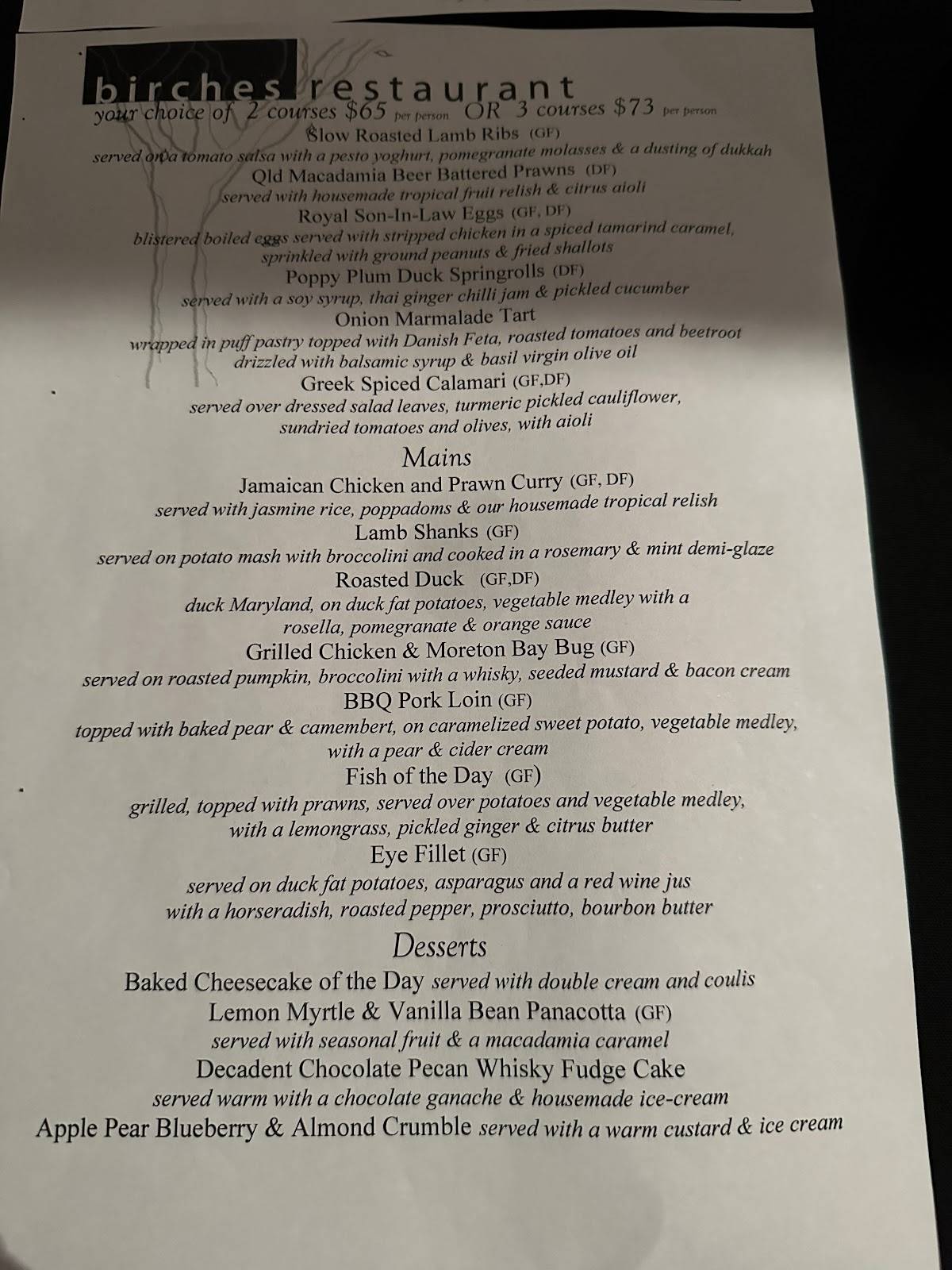 Menu at Birches Restaurant, Mount Mee