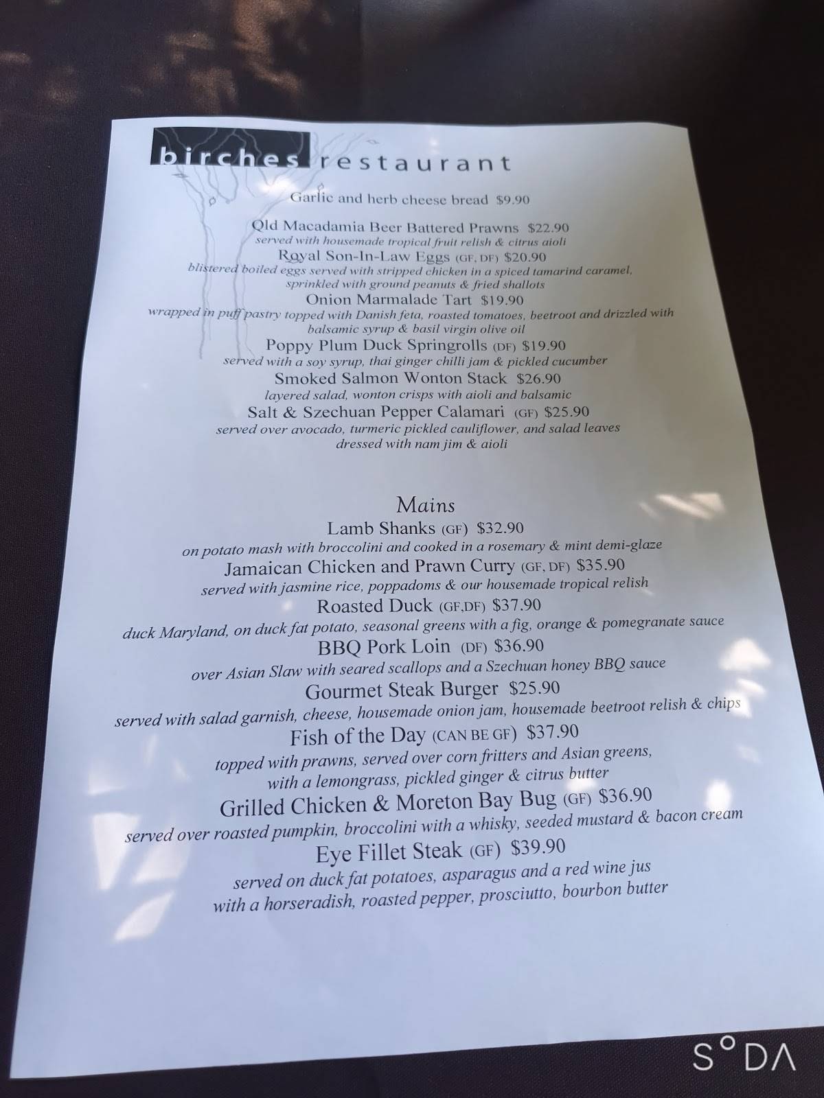 Menu at Birches Restaurant, Mount Mee