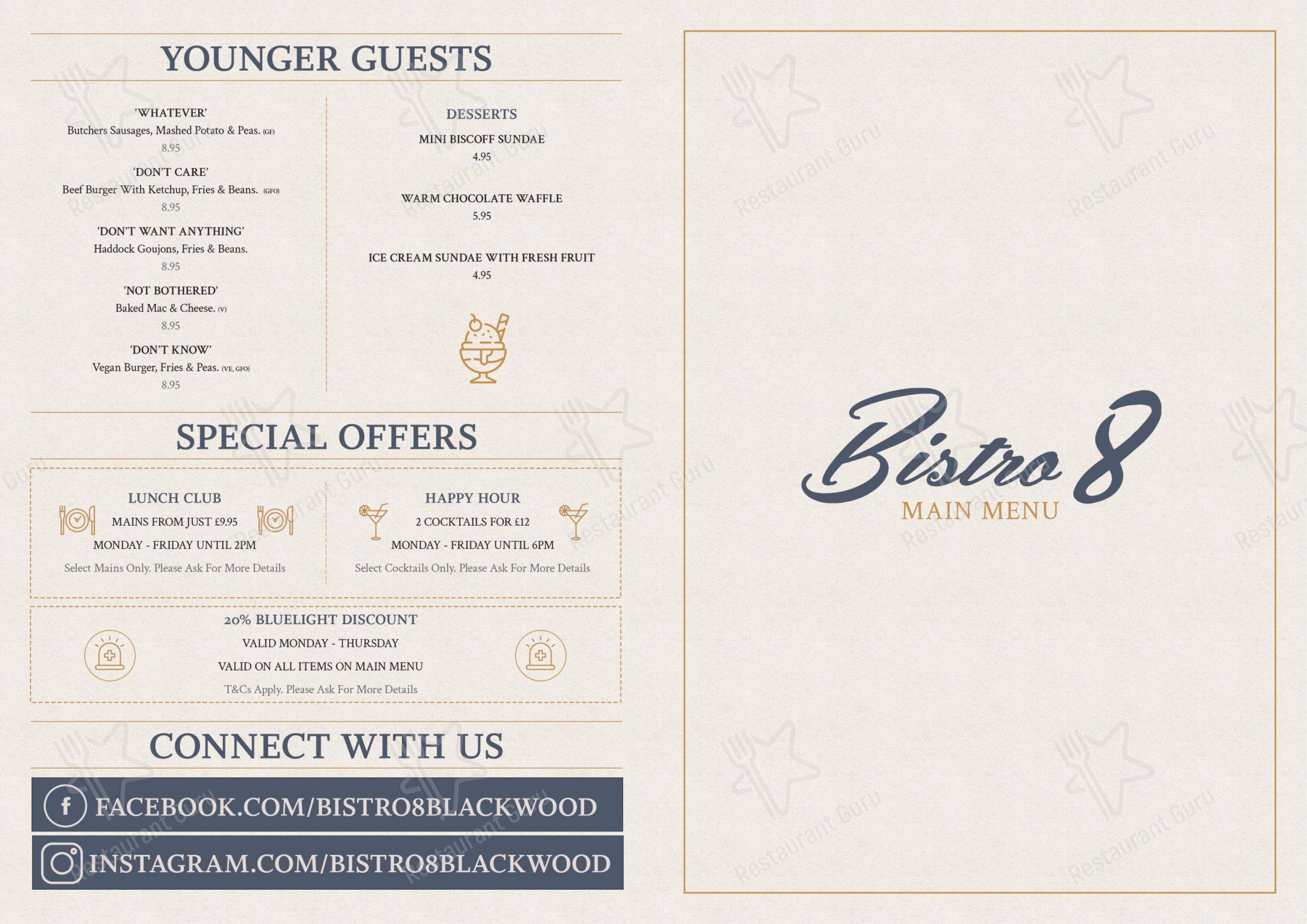 Menu at Bistro 8 restaurant, Blackwood