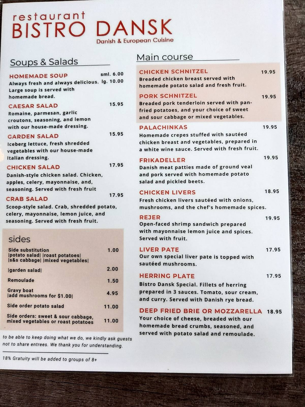 Menu At Bistro Dansk Restaurant Winnipeg
