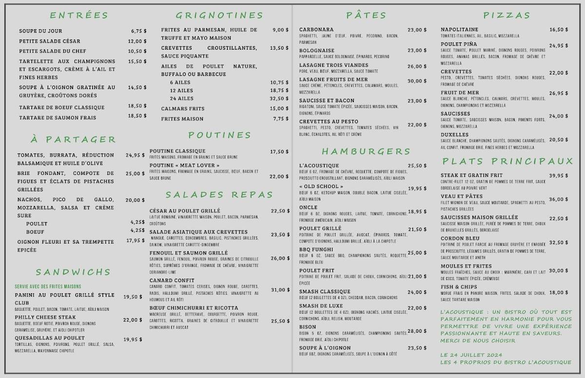 Menu au Bistro L'Acoustique restaurant, Gatineau
