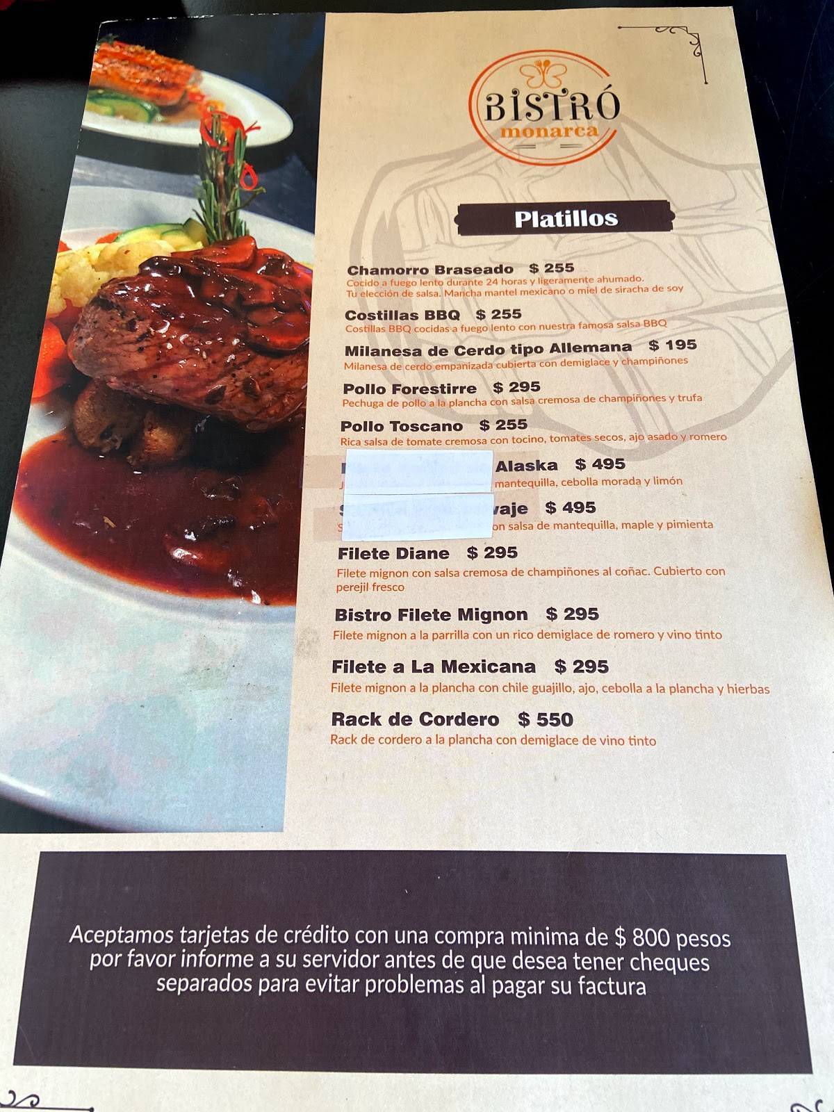 Carta del restaurante Bistro Monarca, Pátzcuaro