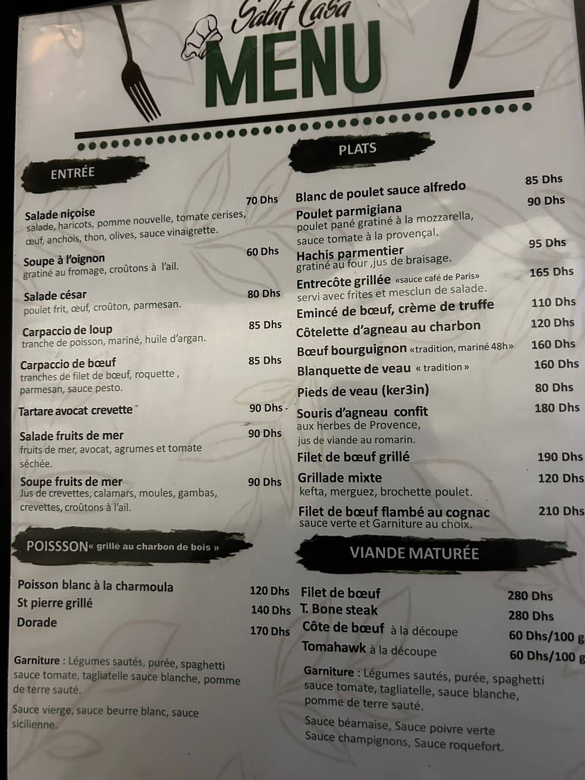 Speisekarte von Bistro Salut Casa restaurant, Casablanca, Bijoutout