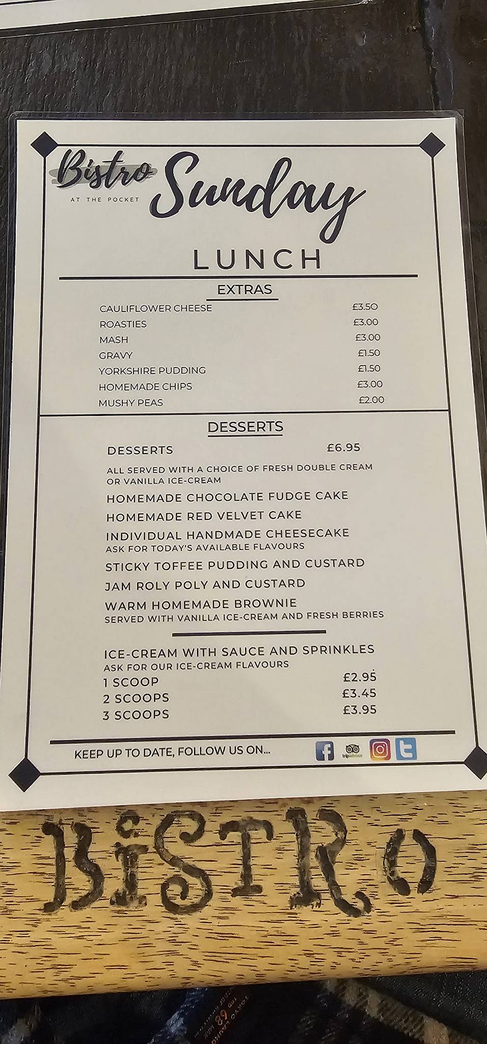Menu at Bistro @ The Pocket restaurant, Barnsley