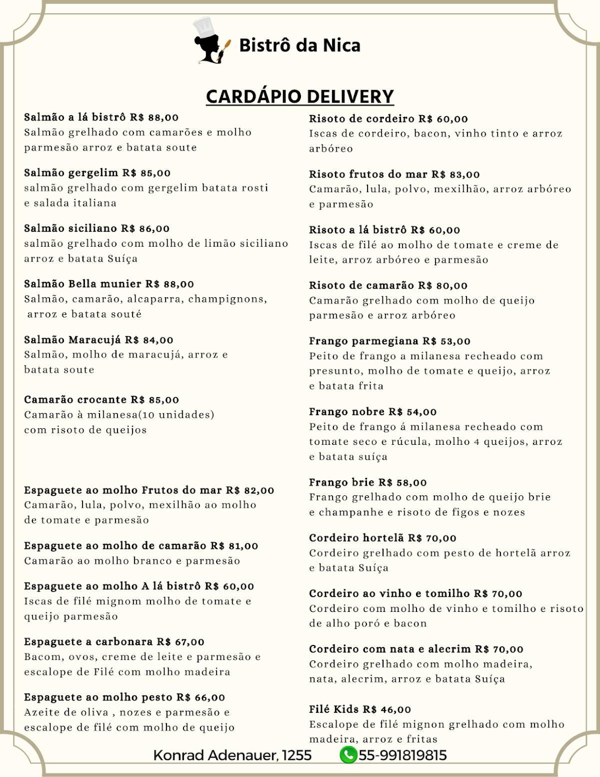 Menu em Bistrô da Nica restaurante, Panambi