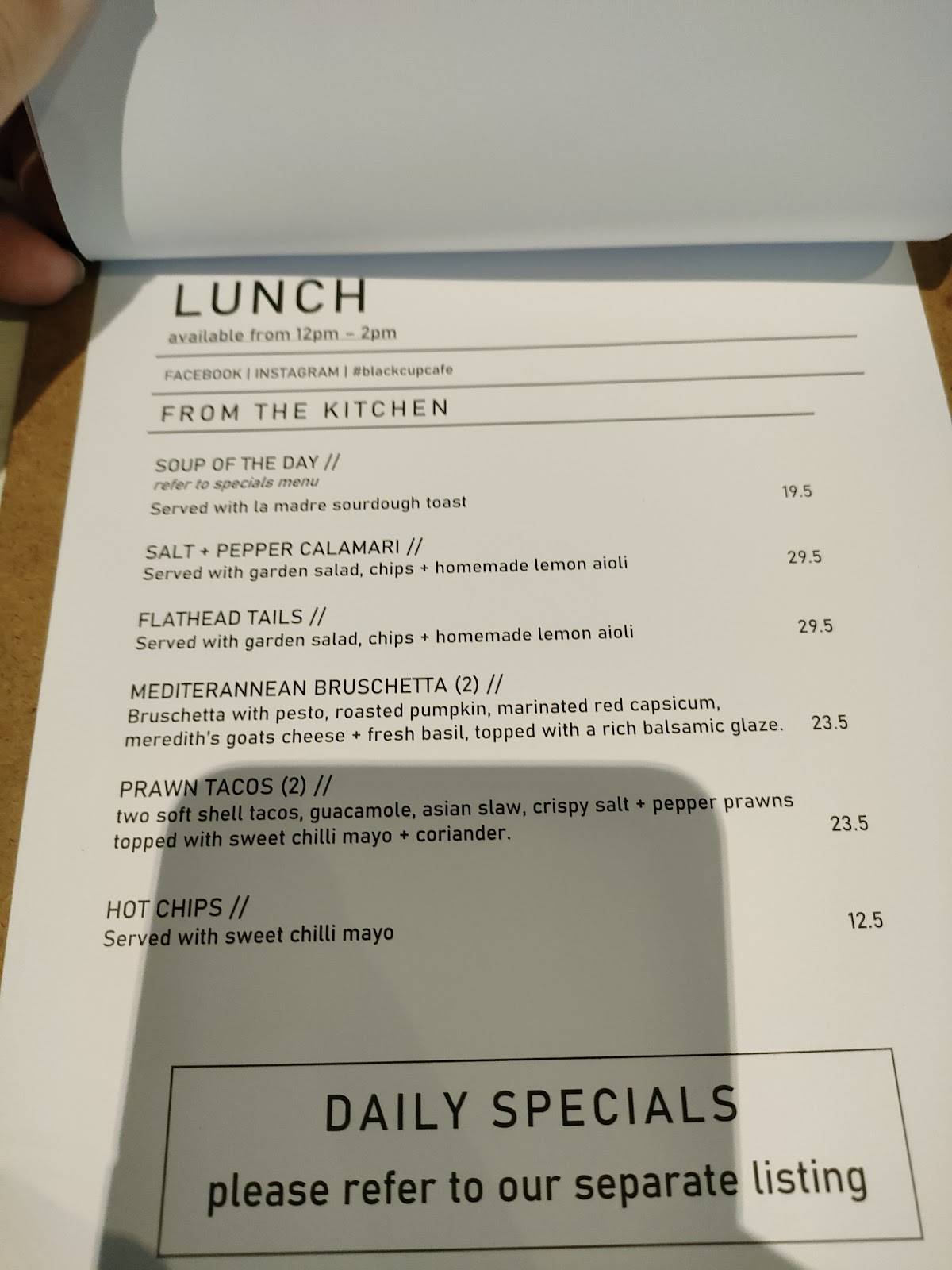 Menu at Black Cup Cafe, East Geelong