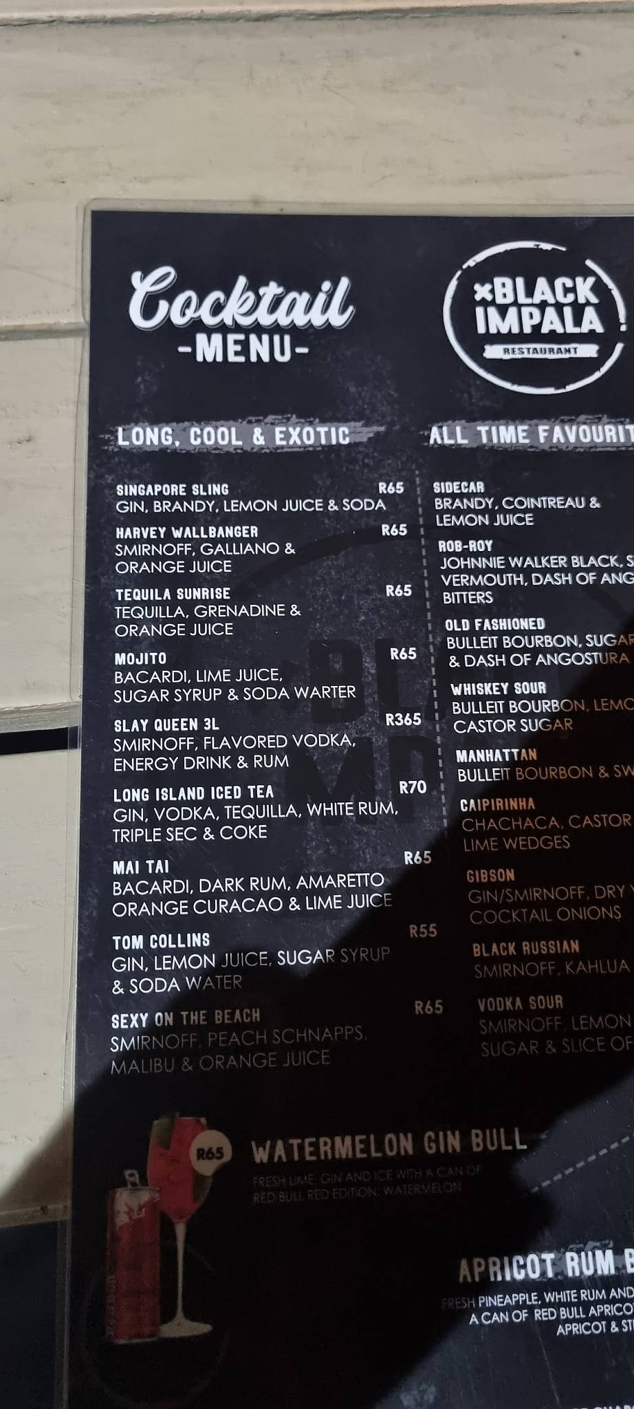 Menu at Black Impala Restaurant, South Africa