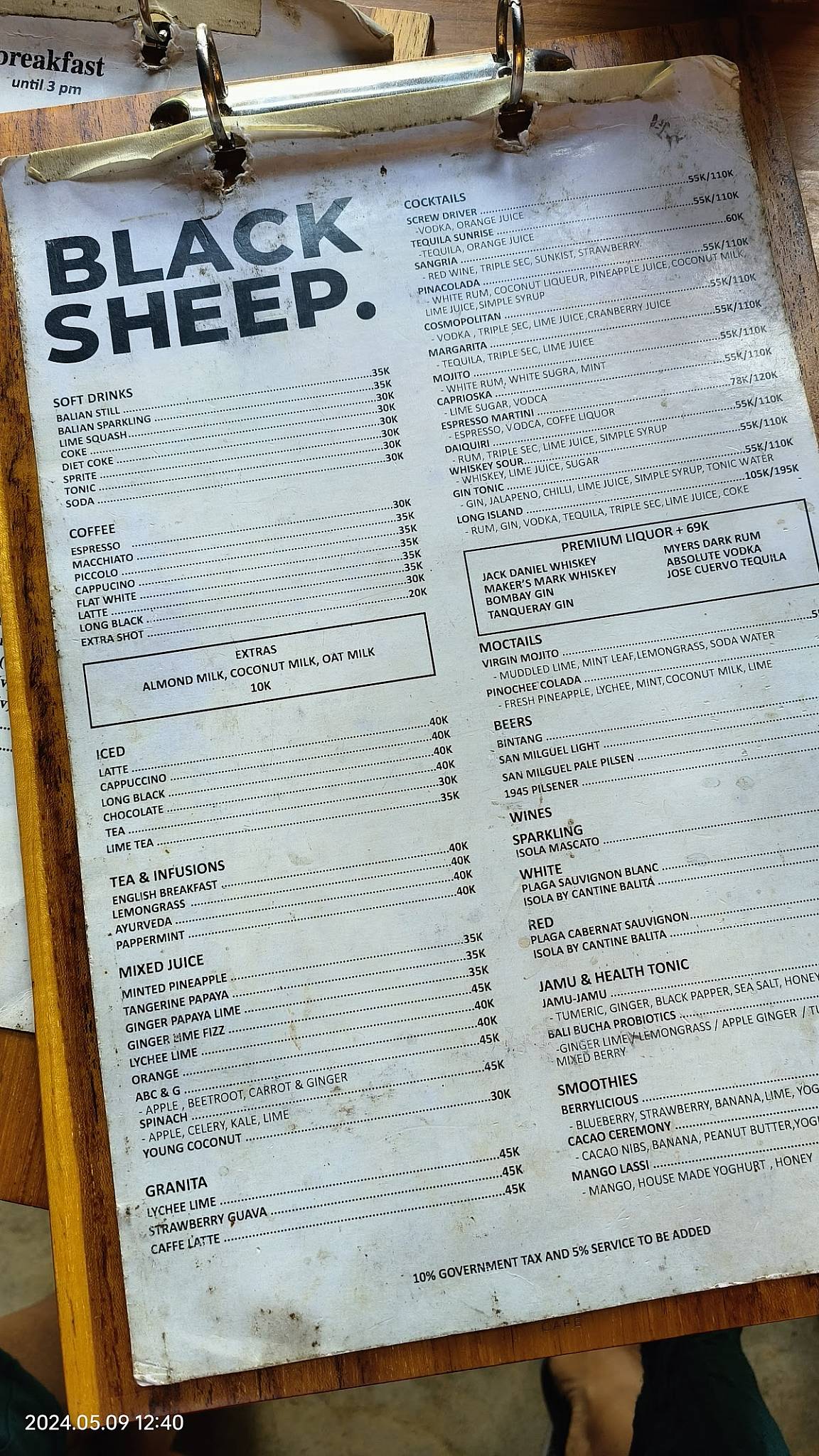 Menu at Black Sheep cafe, MAS