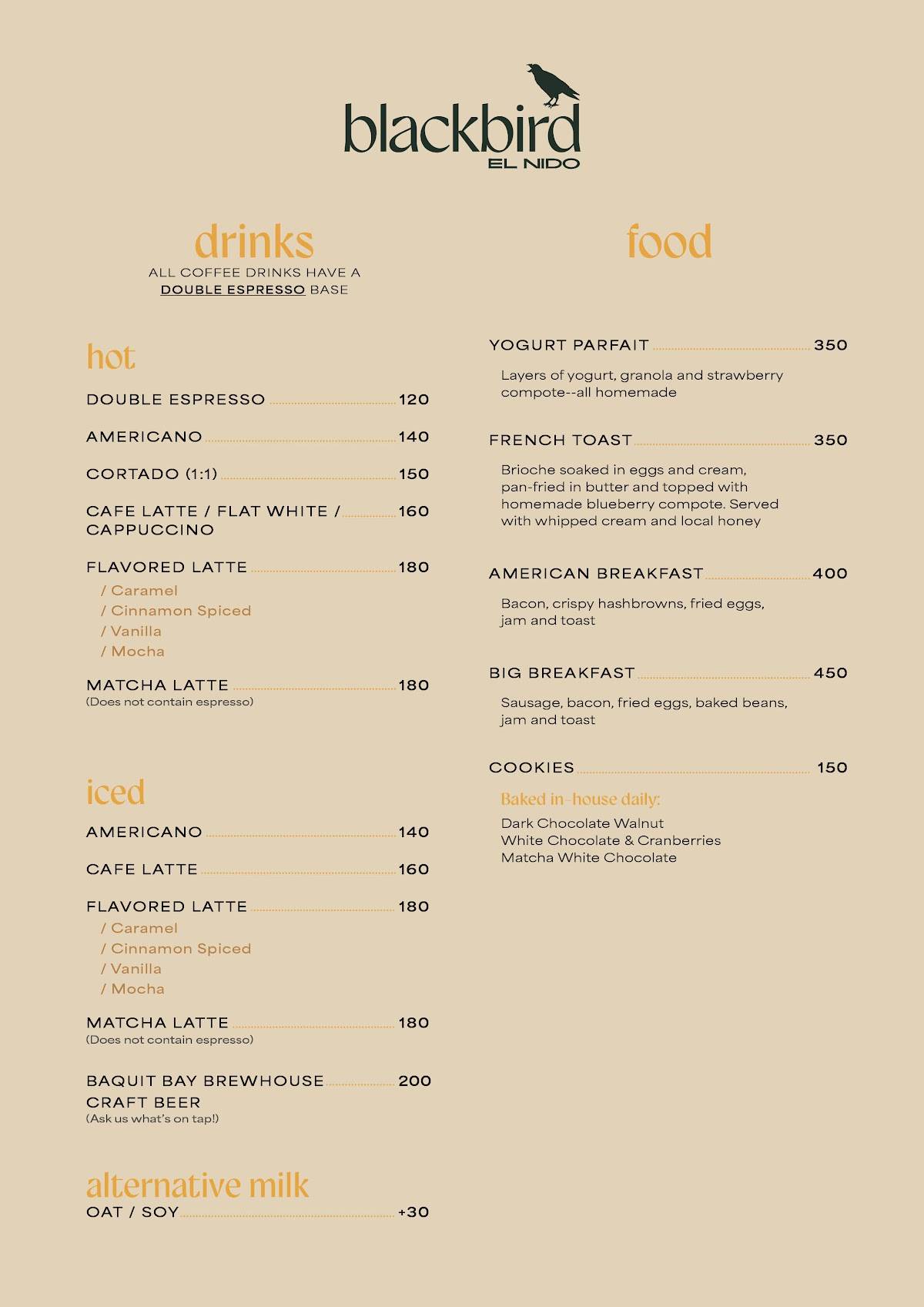 Menu at Blackbird Coffee restaurant, El Nido