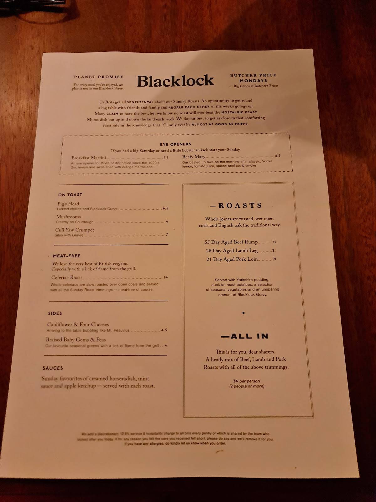 Menu at Blacklock Soho pub & bar, London, 24 Great Windmill St