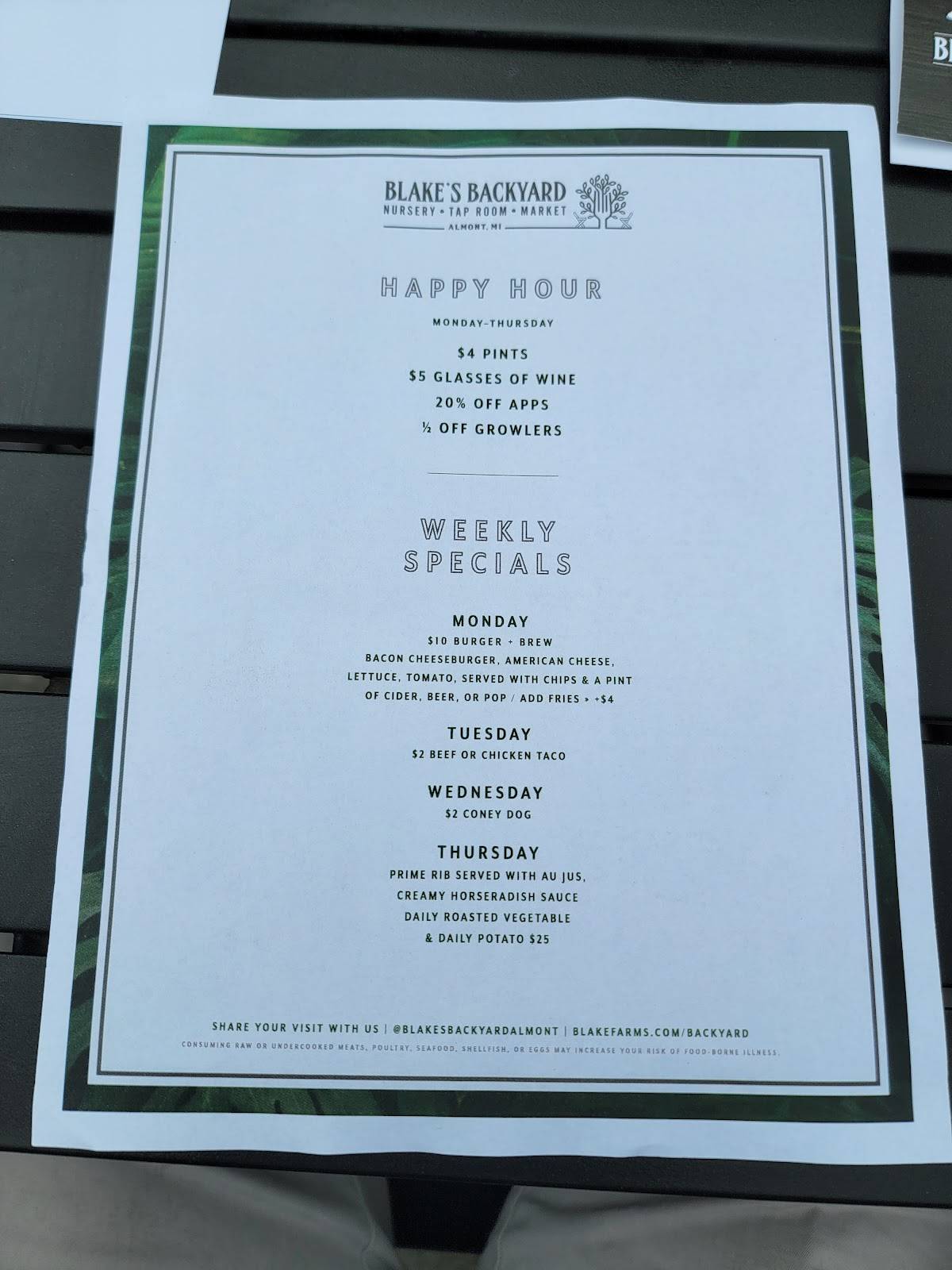 Menu at Blake's Backyard restaurant, Almont