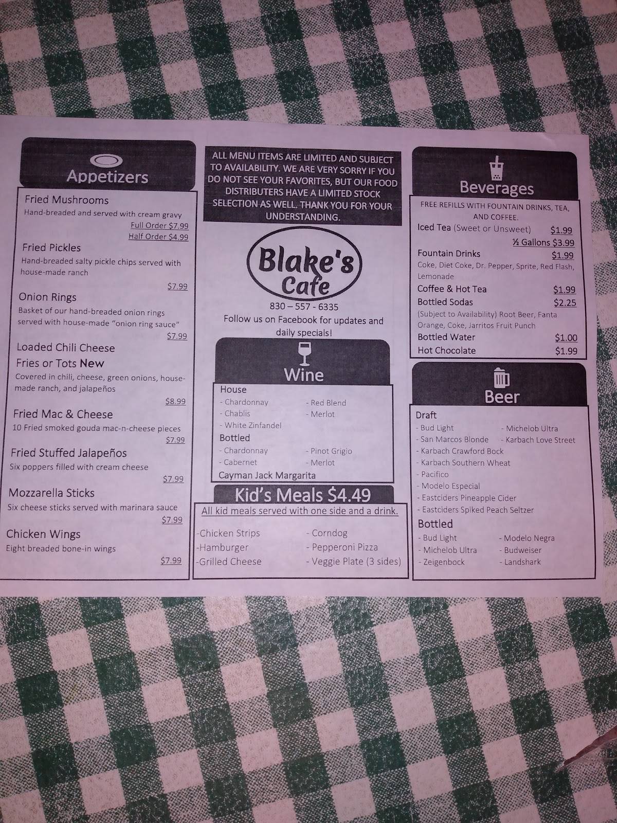 Menu at Blake's Cafe, McQueeney