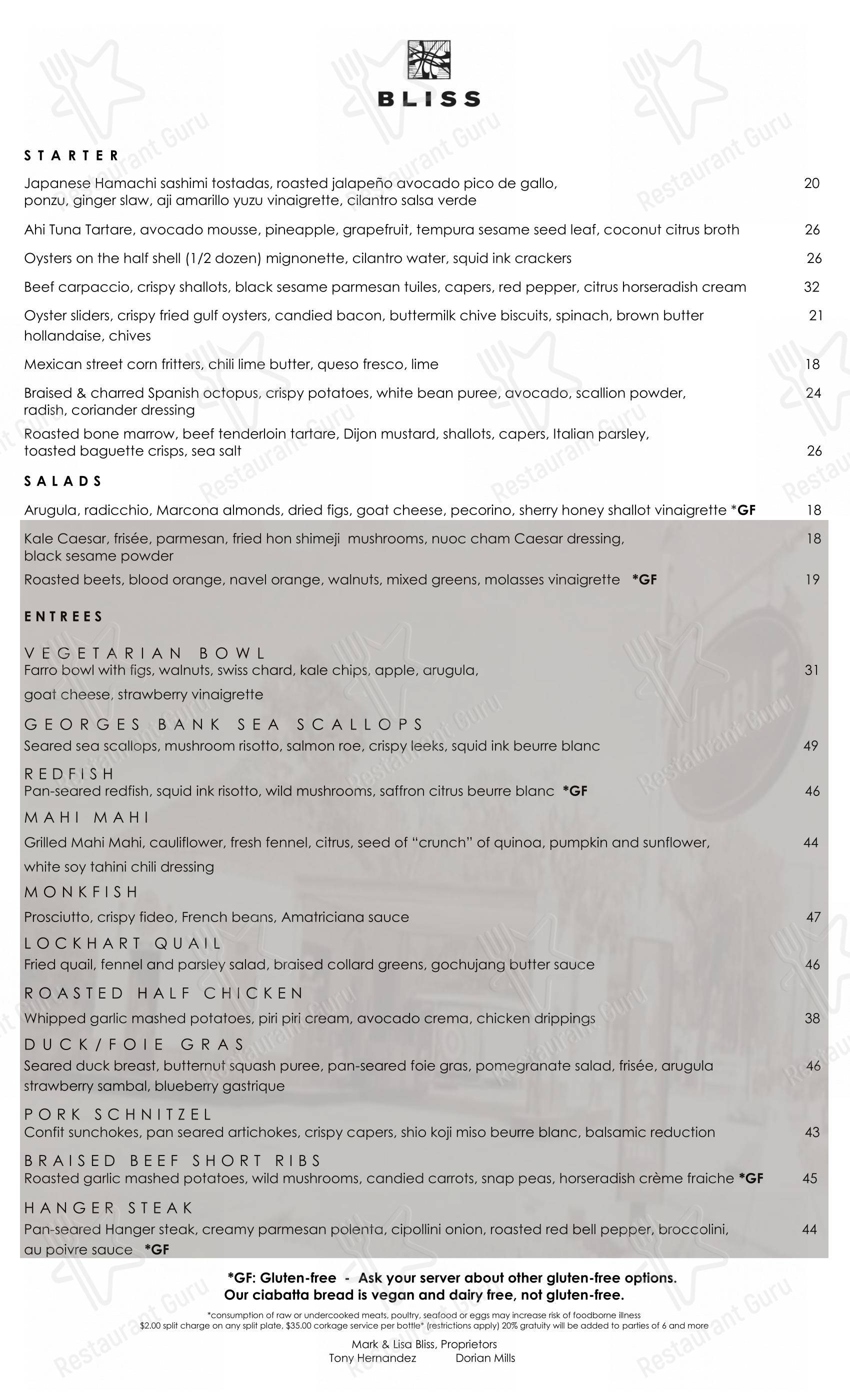 Menu at Bliss restaurant, San Antonio, 926 S Presa St