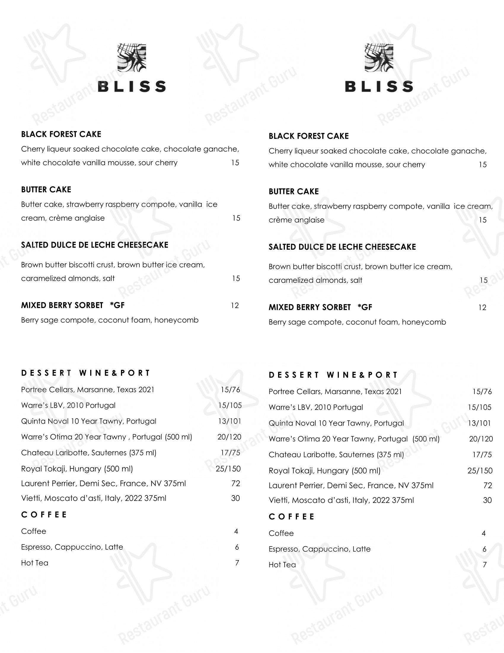 Menu at Bliss restaurant, San Antonio, 926 S Presa St