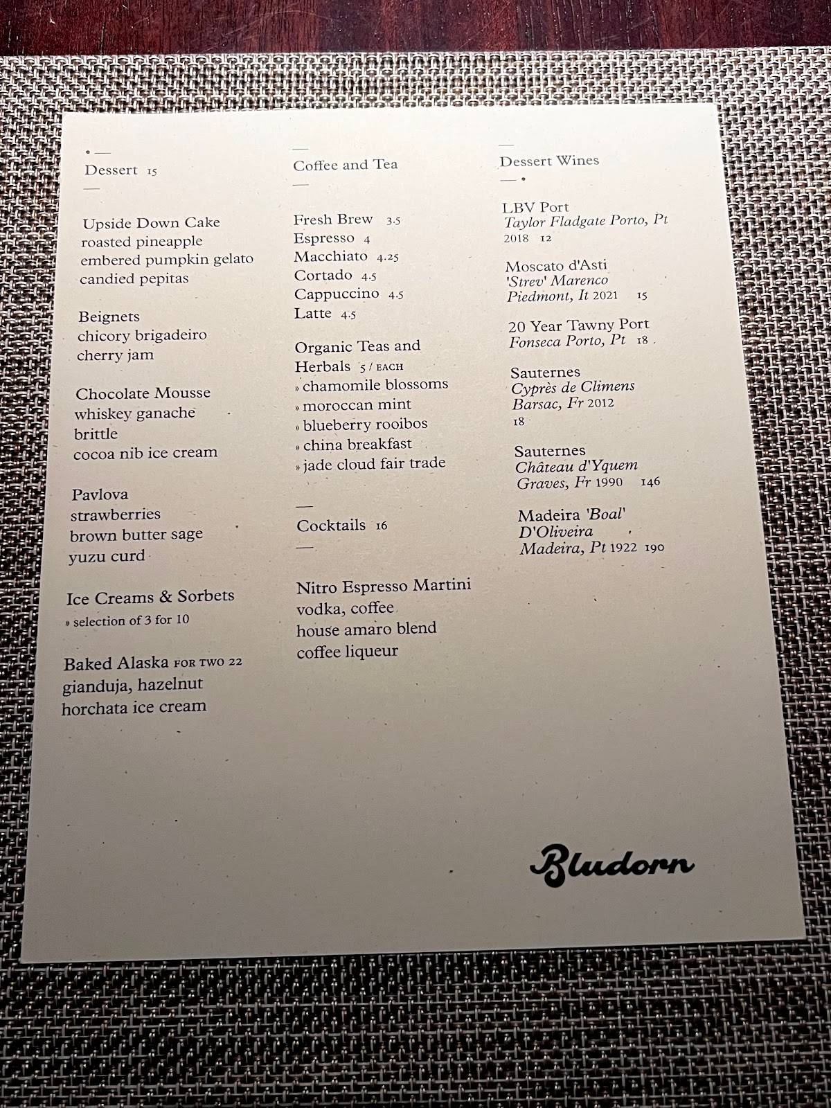 Menu at Bludorn restaurant, Houston