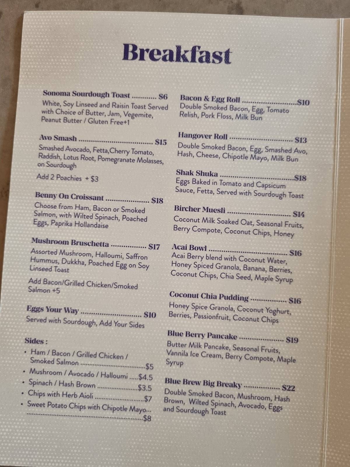 Menu at Blue Brew Cafe, Redfern