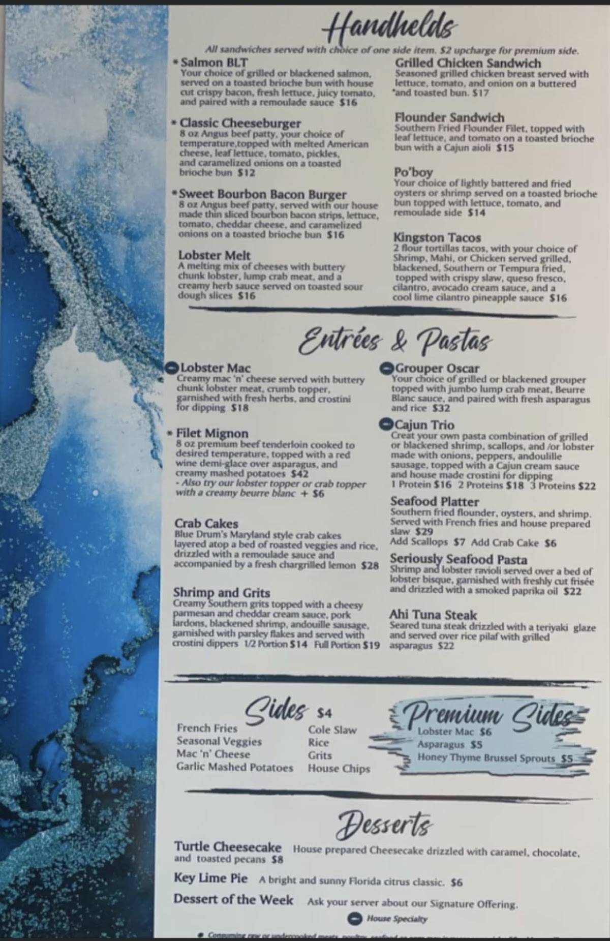 Menu at Blue Drum Waterfront restaurant, Little River