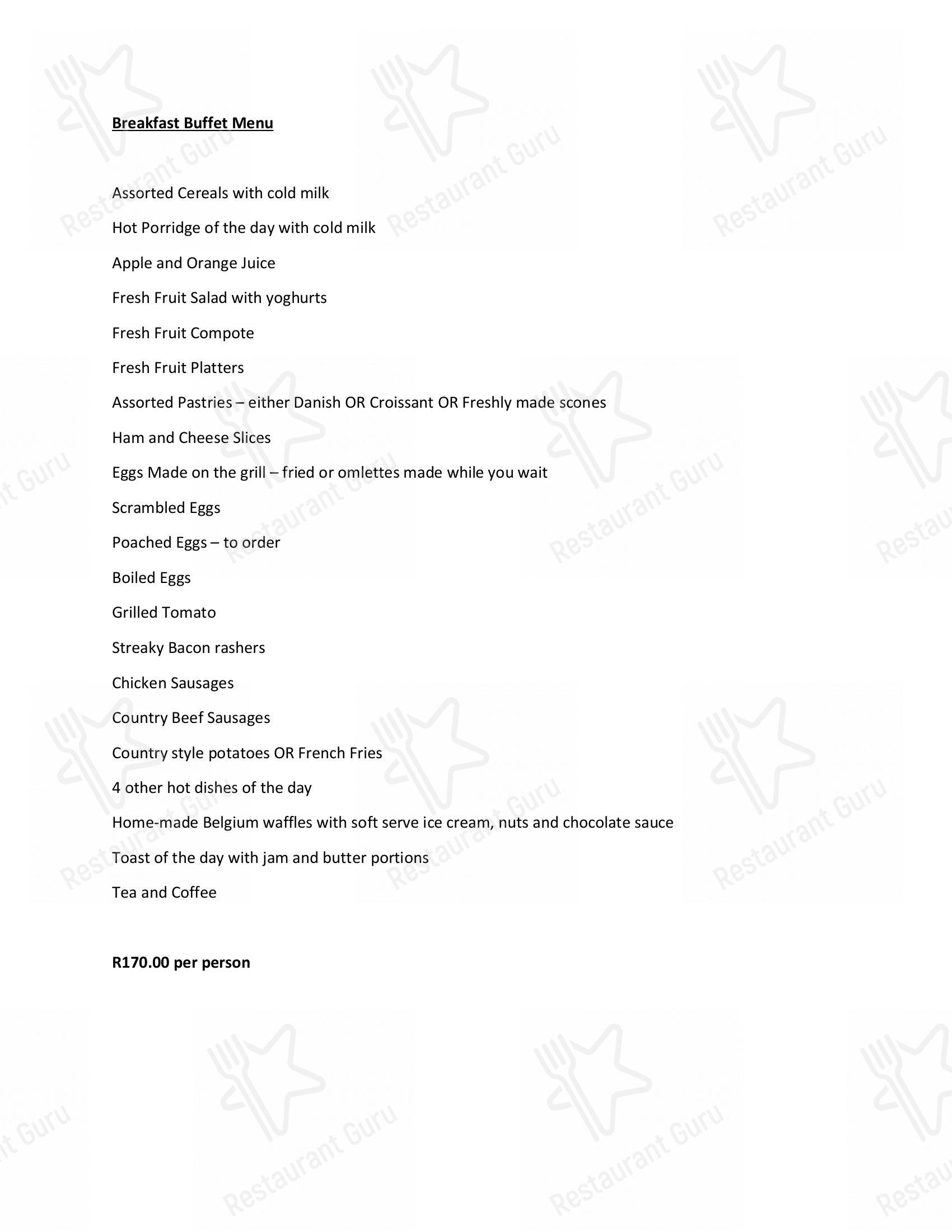 Menu at Blue Waters Hotel pub & bar, Durban