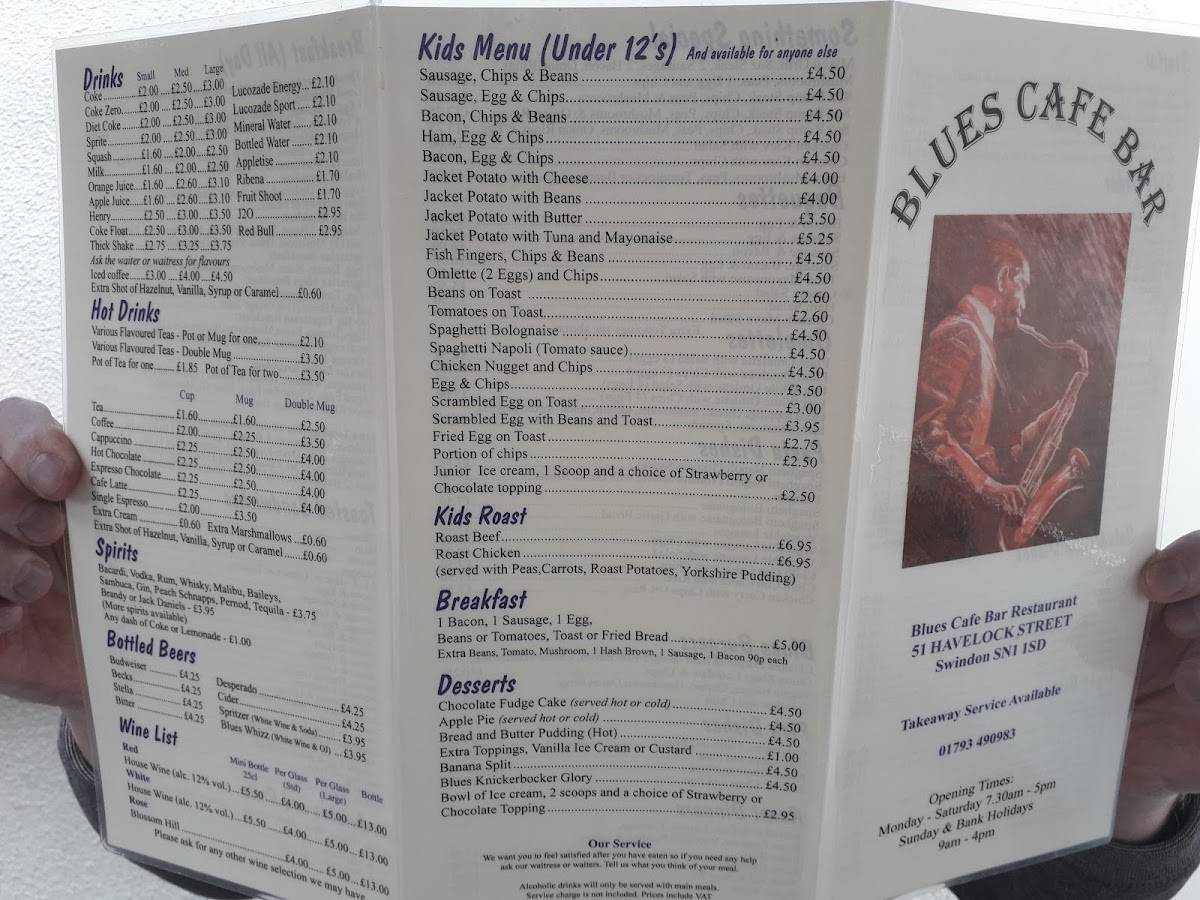 Menu at Blues Cafe, Swindon