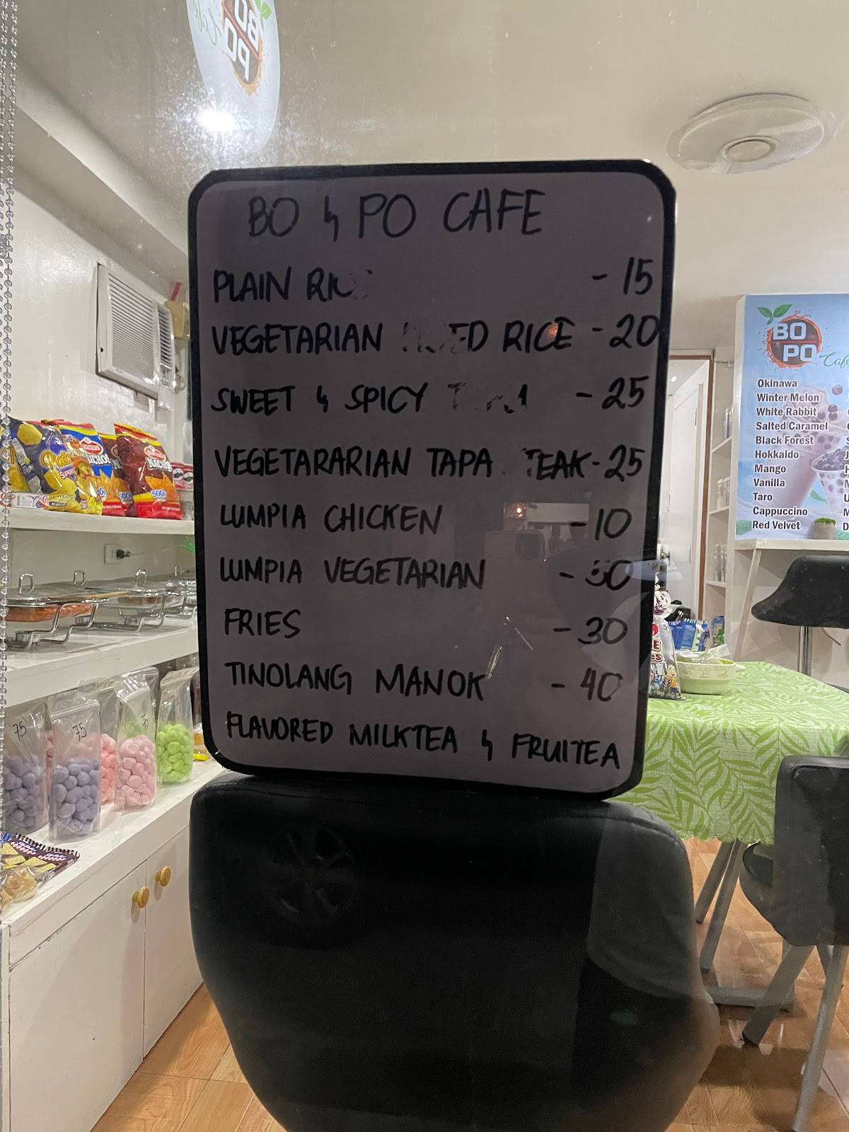 Menu at Bo and Po Cafe, Silang