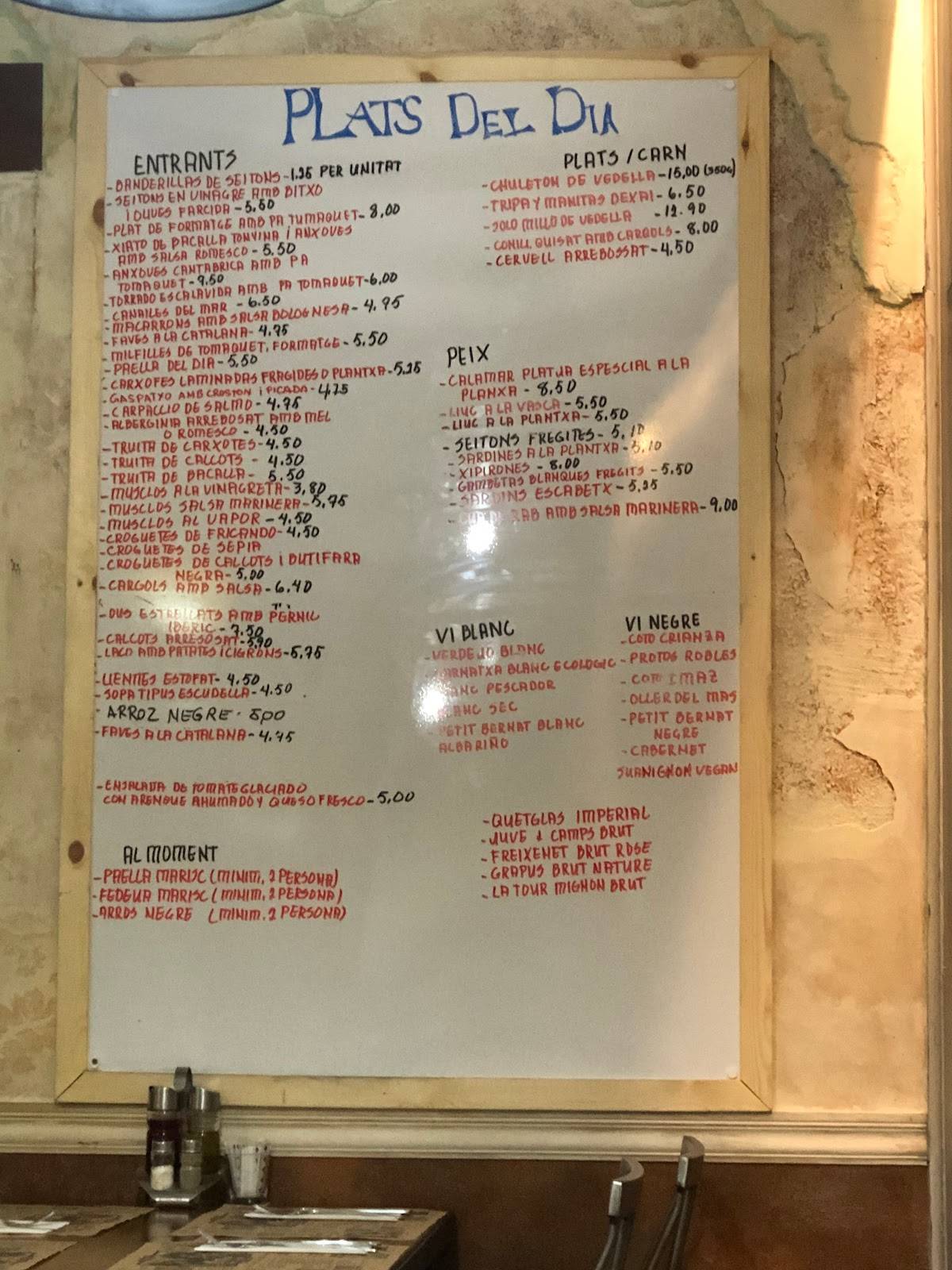 Carta del restaurante Bo del Bernat, Barcelona