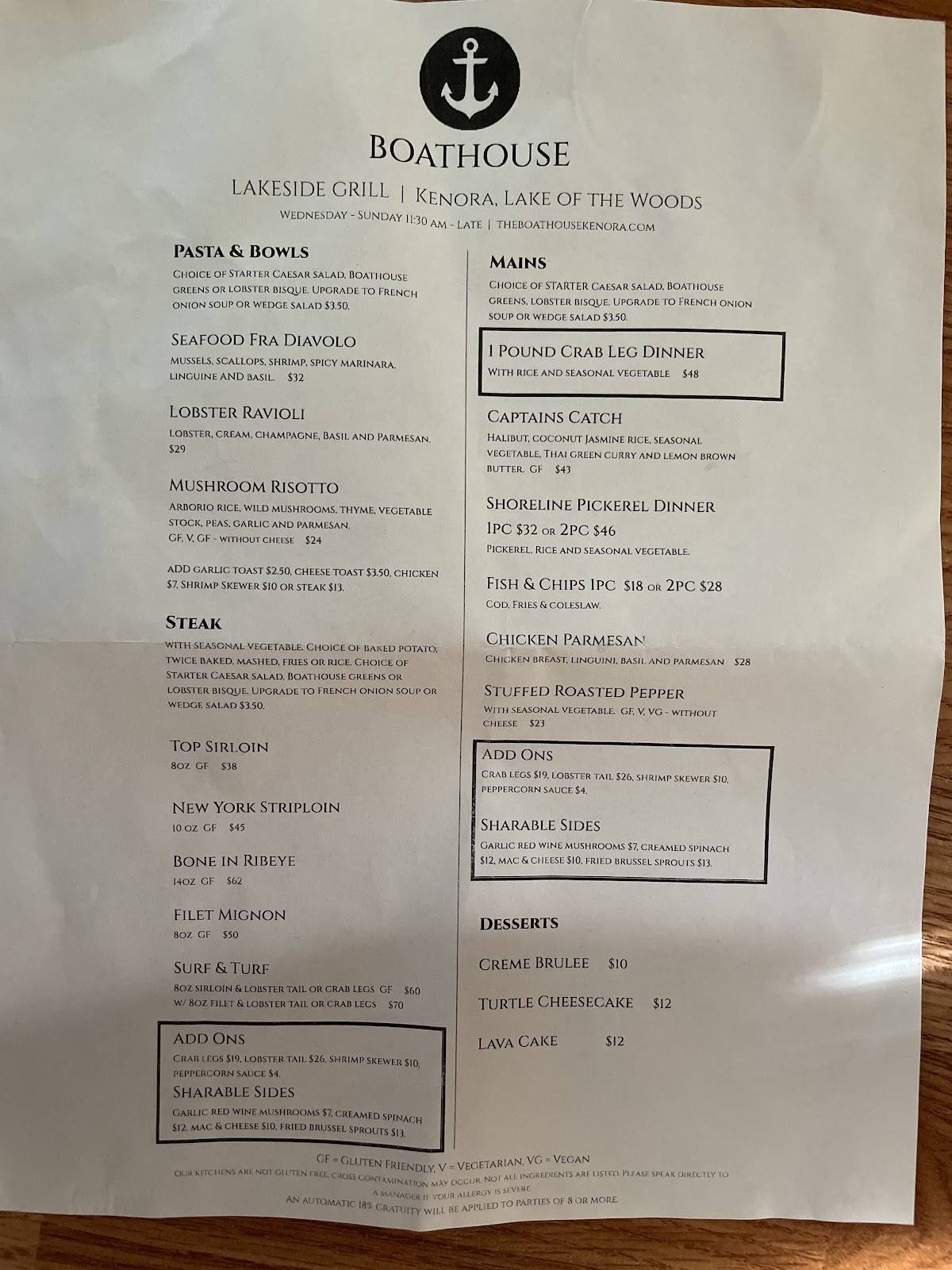 Menu at Boathouse Lakeside Grill restaurant, Kenora