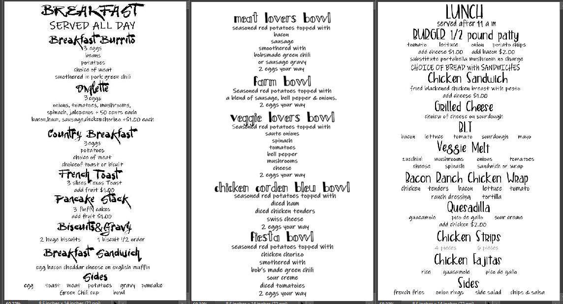 Menu at Bob's Place restaurant, Crestone