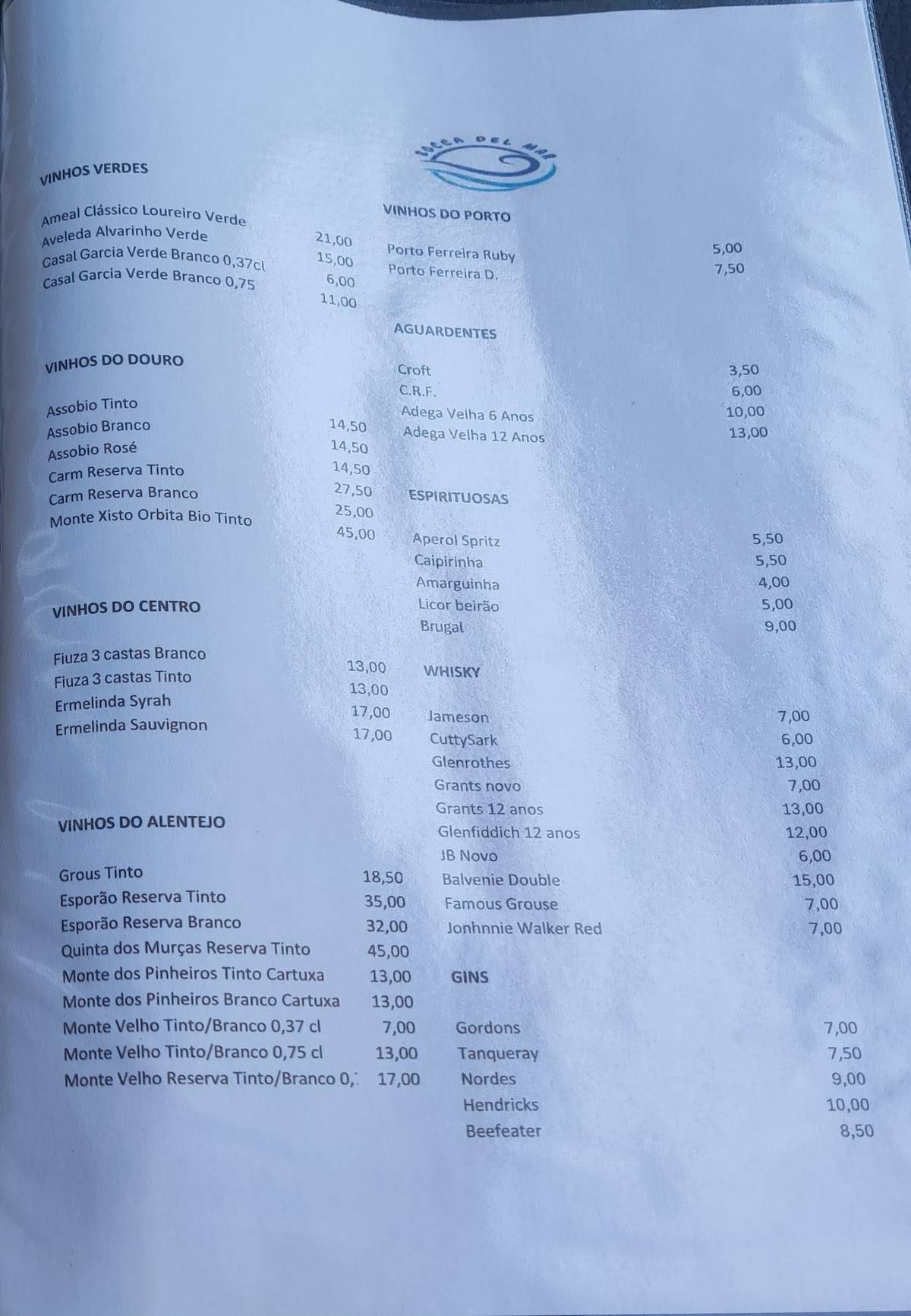 Menu at Bocca Del Mar restaurant, São Félix da Marinha