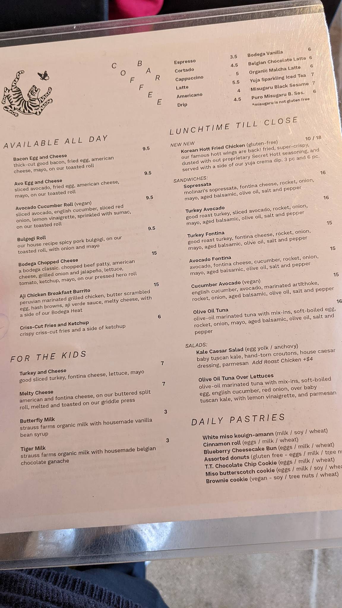 Menu at Bodega Park cafe, Los Angeles