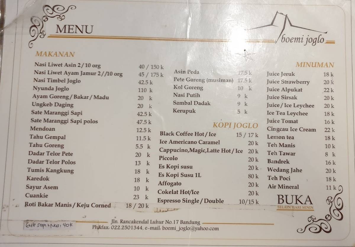 Menu at Boemi Joglo Dago Pakar restaurant, Bandung