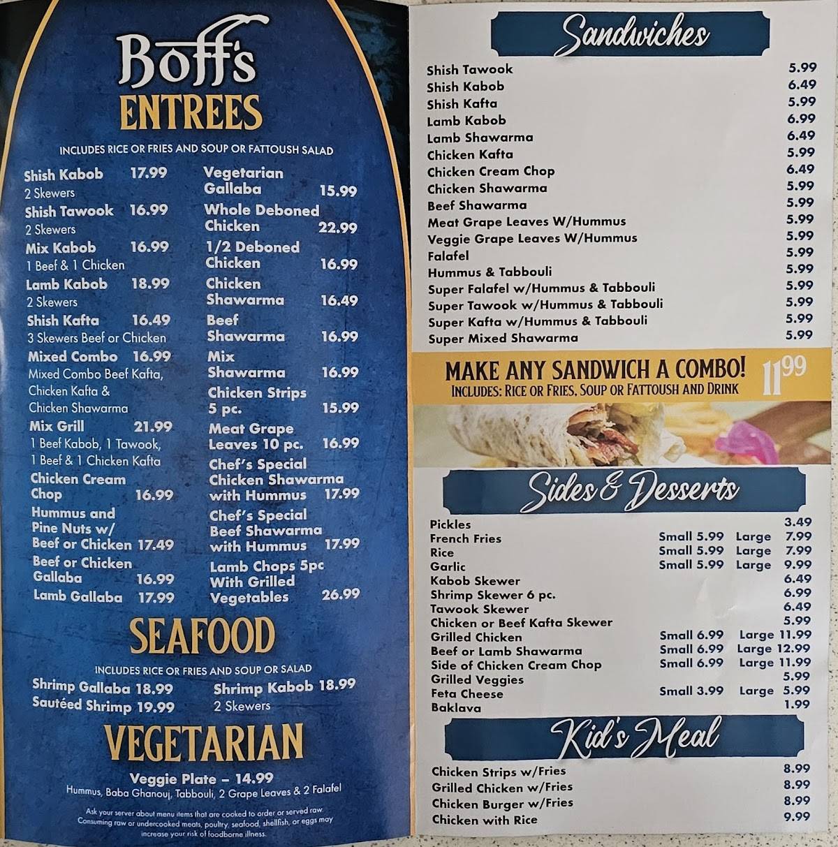 Menu at Boff's Middle Eastern Cuisine restaurant, Warren