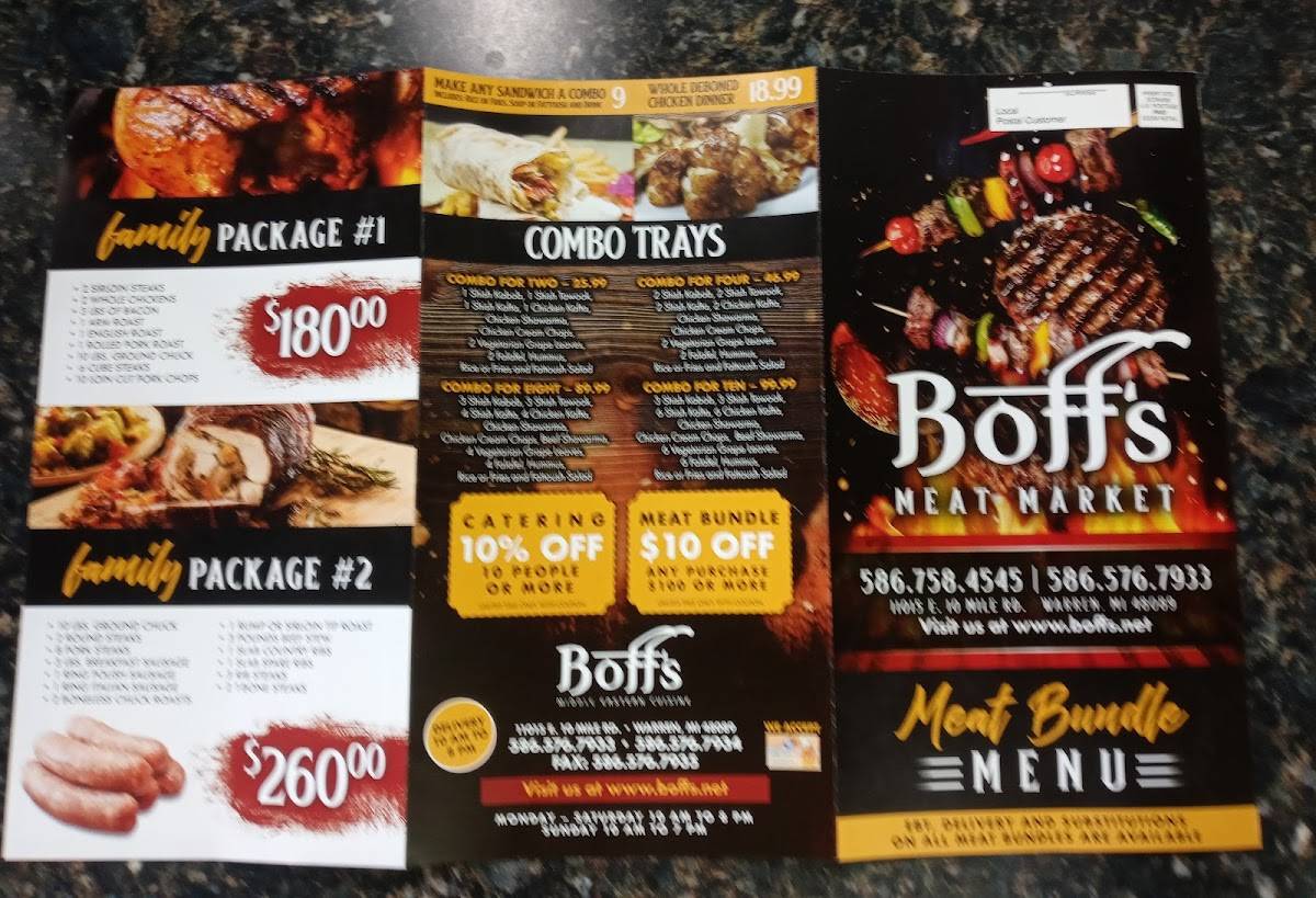 Menu at Boff's Middle Eastern Cuisine restaurant, Warren