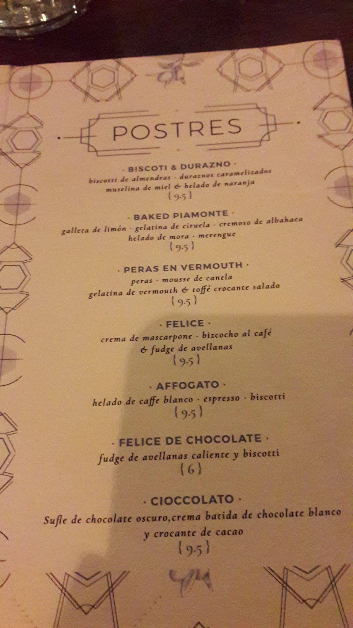 Carta del restaurante Emilia Grace, Bogotá
