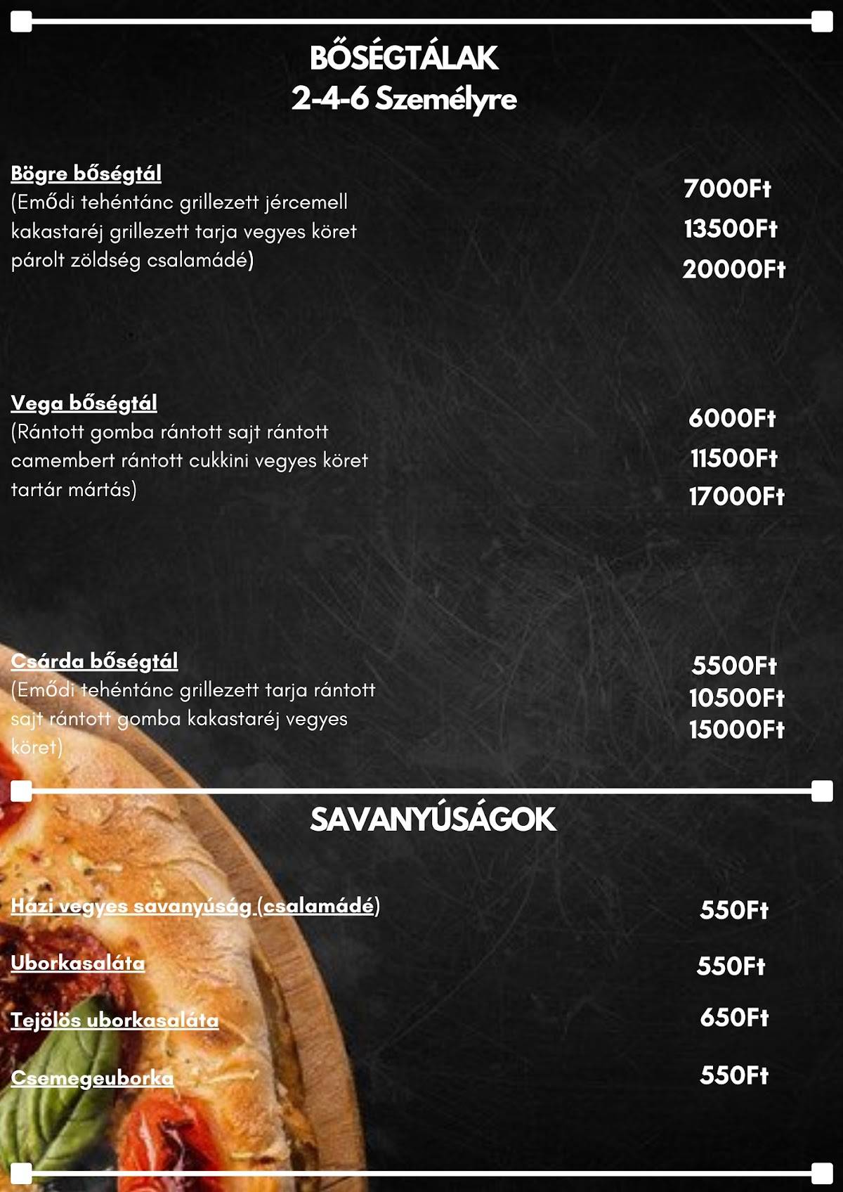 Menu at Bögre Csárda és Pizzéria restaurant, Miskolc