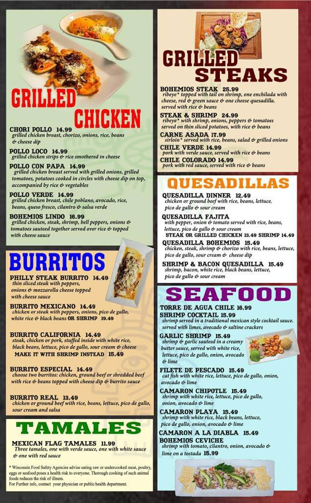 Menu at Bohemios Mexican Grill and Cantina pub & bar, Portage