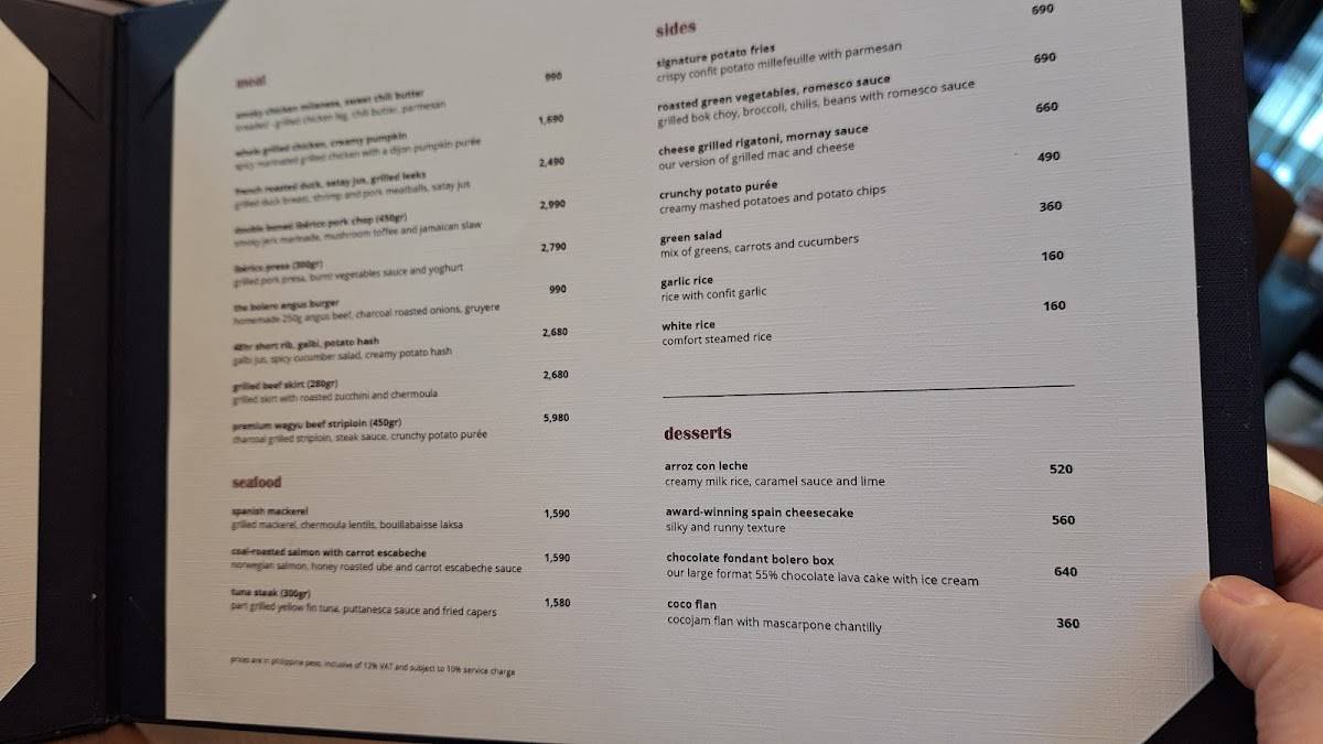 Menu at Bolero Restaurant - BGC, Taguig