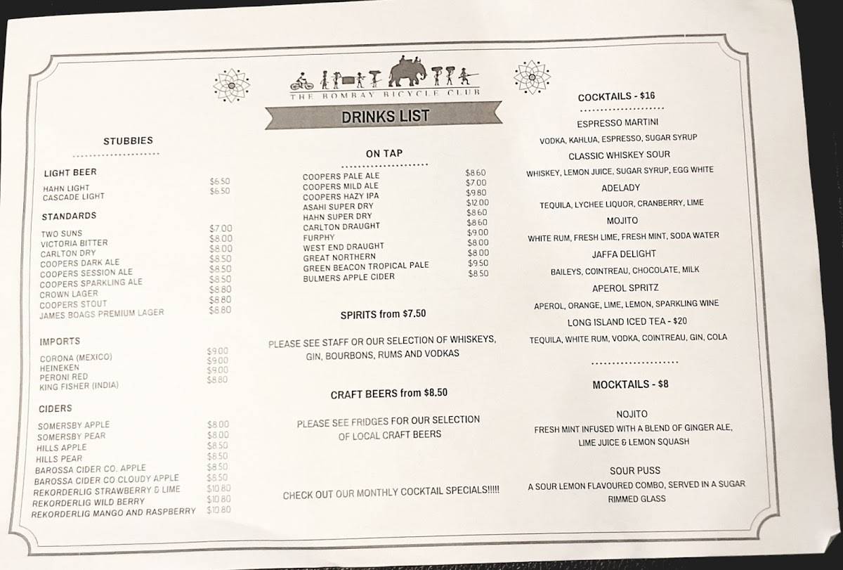 Menu at Bombay Bicycle Club, Ovingham, 29 Torrens Rd