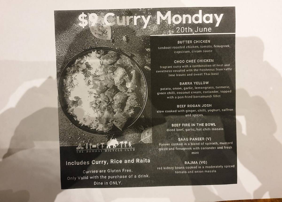 Menu at Bombay Bicycle Club, Ovingham, 29 Torrens Rd