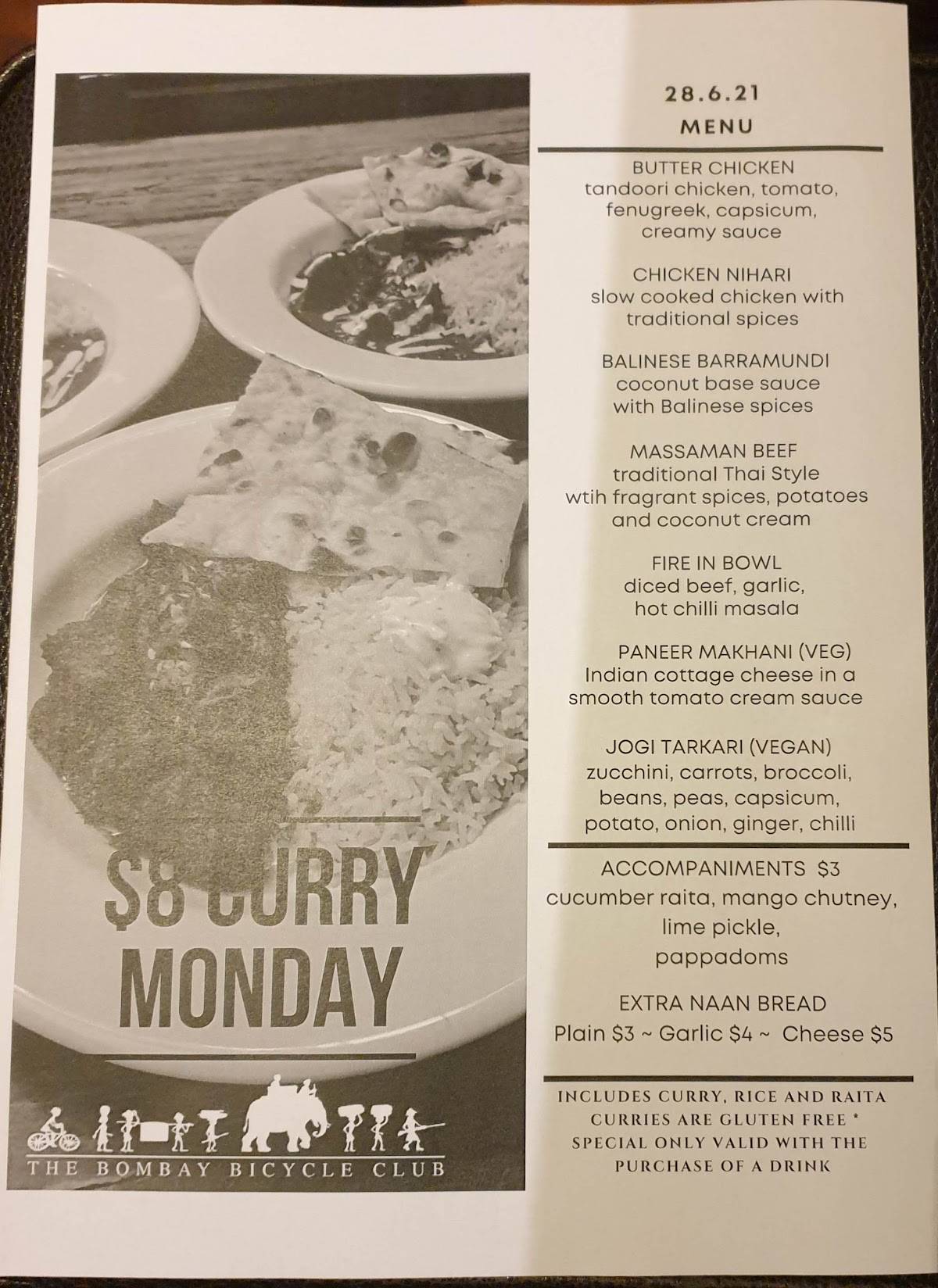 Menu at Bombay Bicycle Club, Ovingham, 29 Torrens Rd