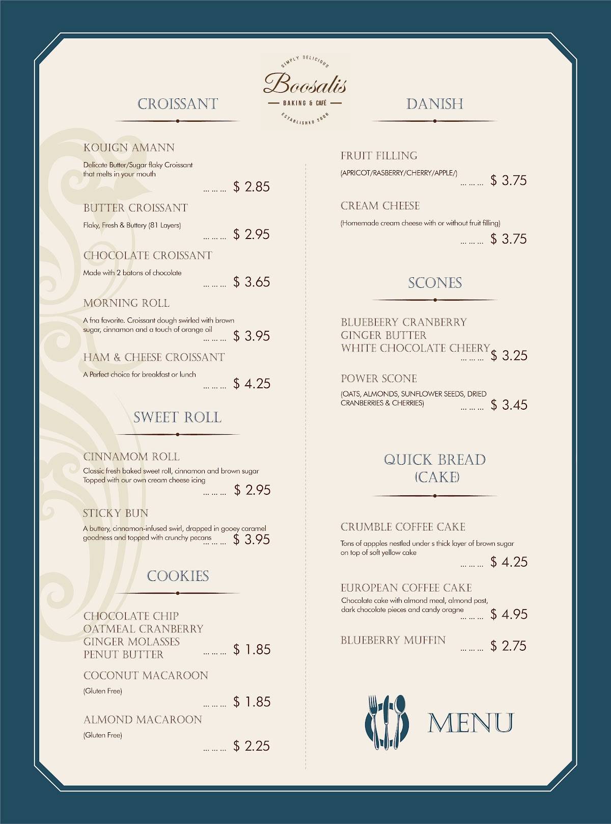 Menu at Boosalis Baking and Cafe, Centerville